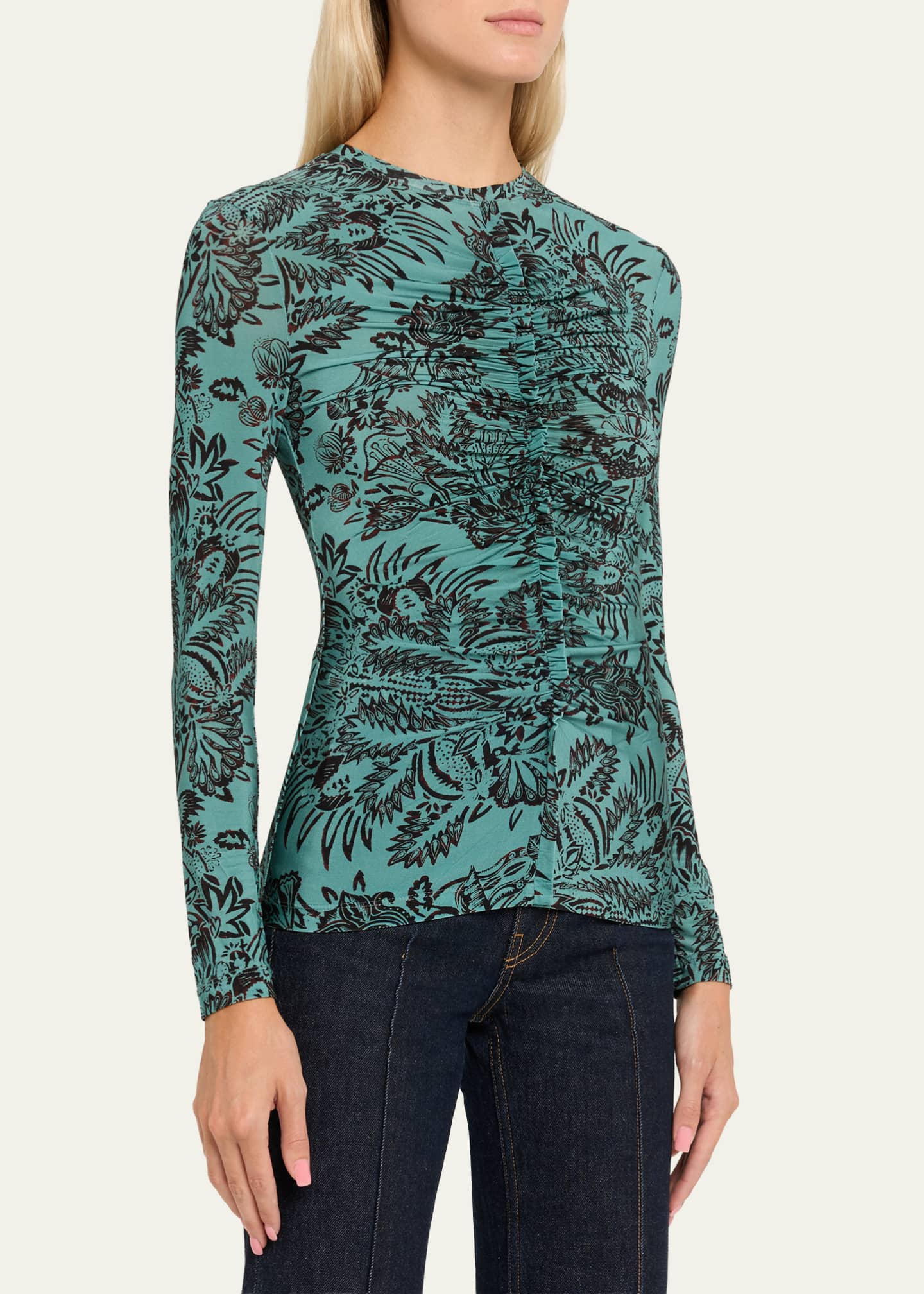 Ulla Johnson Asha Floral-Print Ruched Long-Sleeve T-Shirt - Bergdorf ...