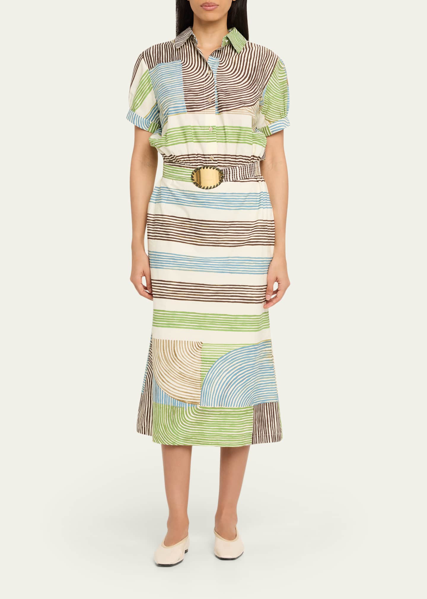 Silvia Tcherassi Odila Striped Short-Sleeve Midi Shirtdress With Belt ...