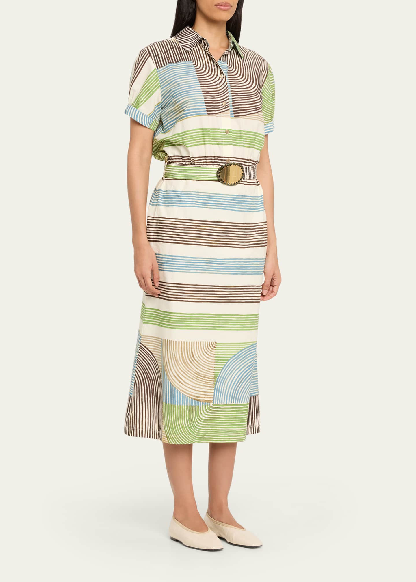 Silvia Tcherassi Odila Striped Short-Sleeve Midi Shirtdress With Belt ...
