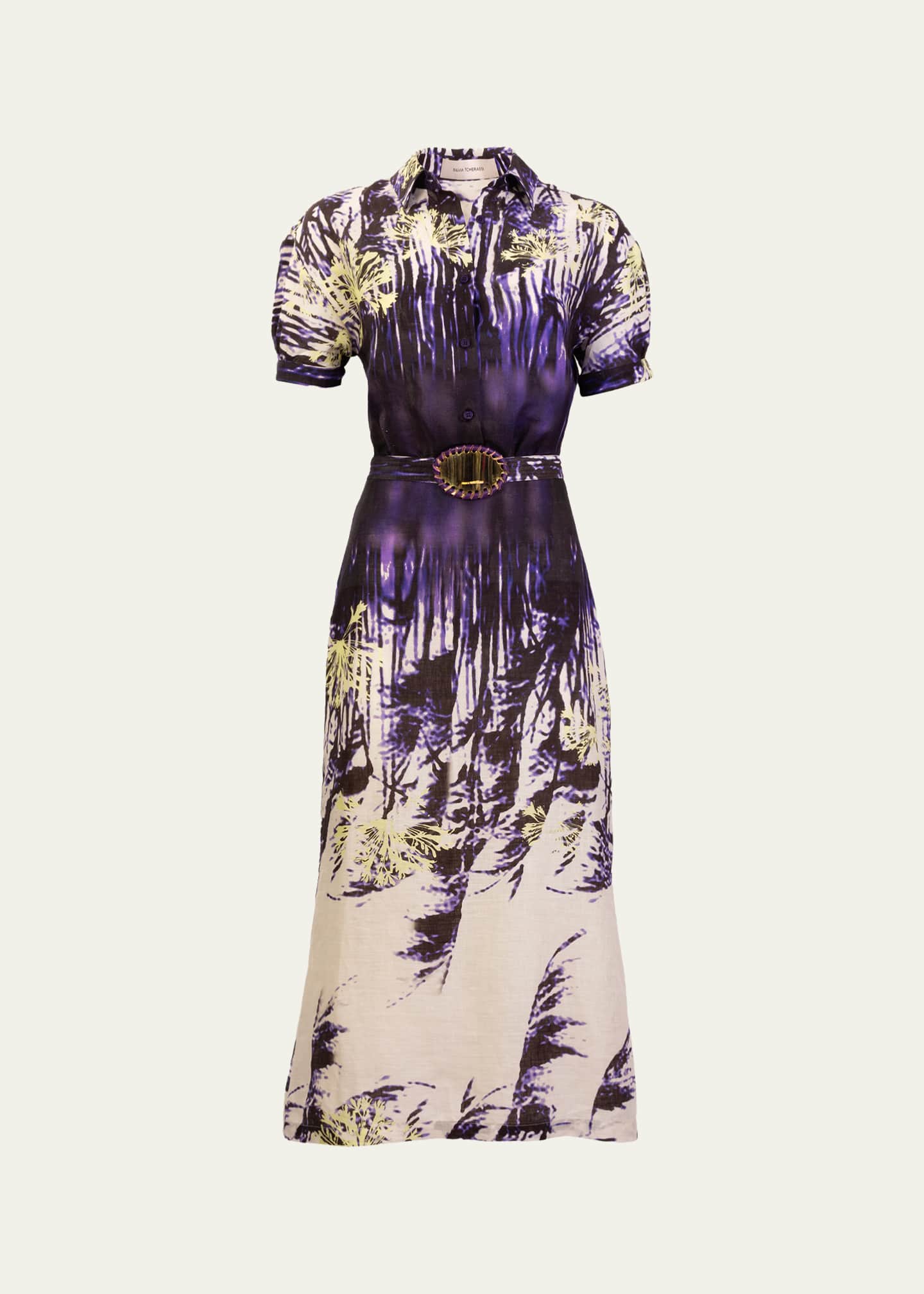 Silvia Tcherassi Lee Abstract-Print Short-Sleeve Belted Midi Shirtdress ...