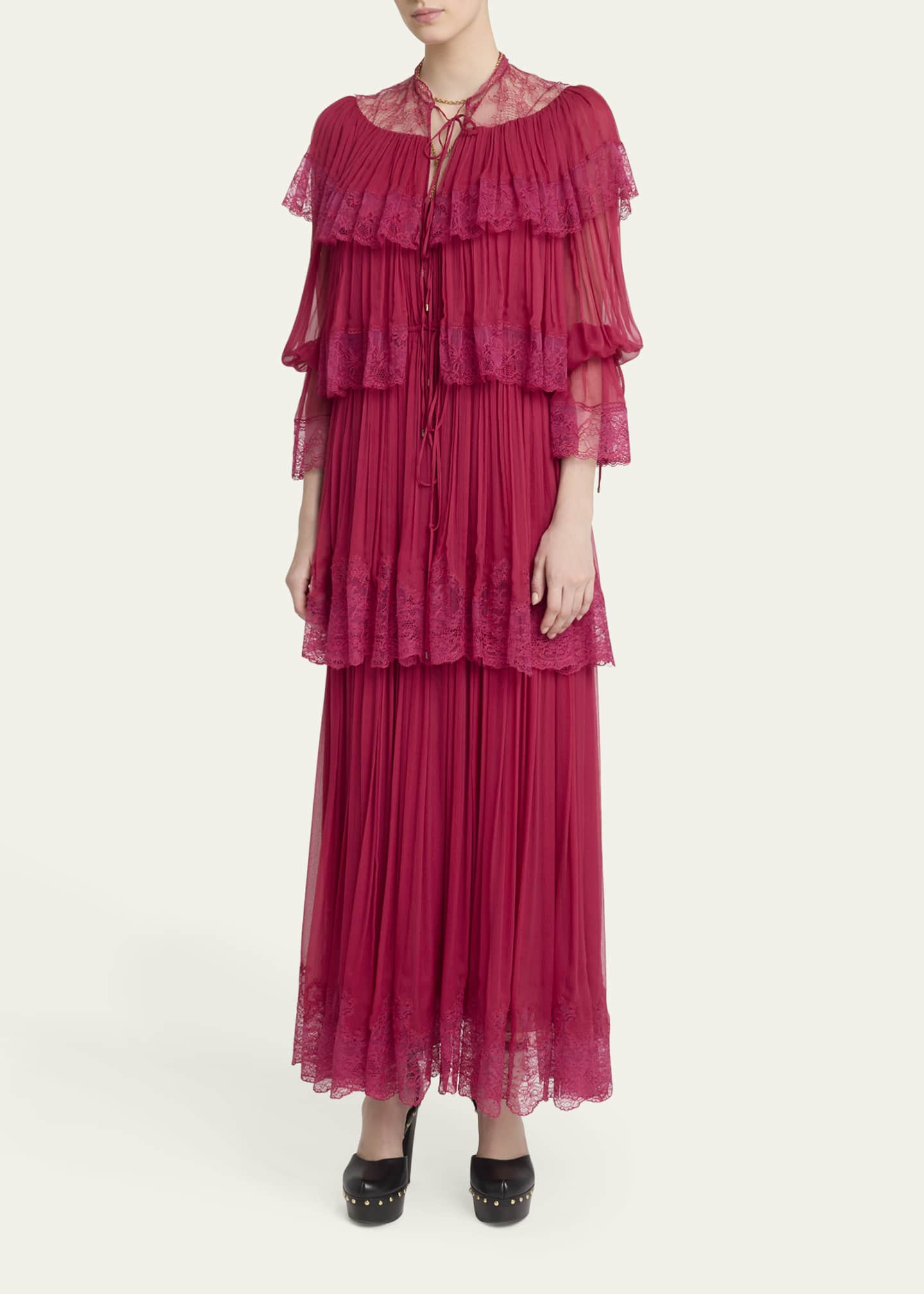 Chloe Tiered Lace Ruffle Silk Mousseline Gown - Bergdorf Goodman