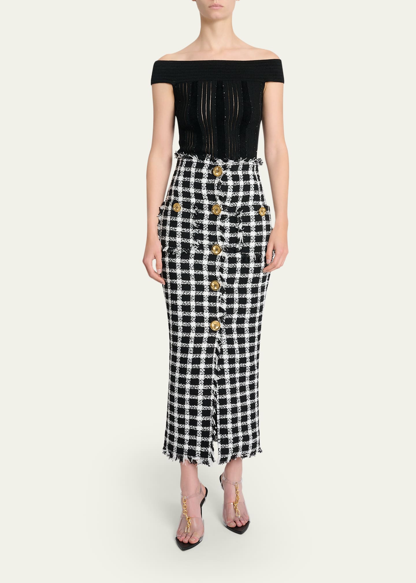 Balmain Button-Front Check Tweed Maxi Skirt - Bergdorf Goodman