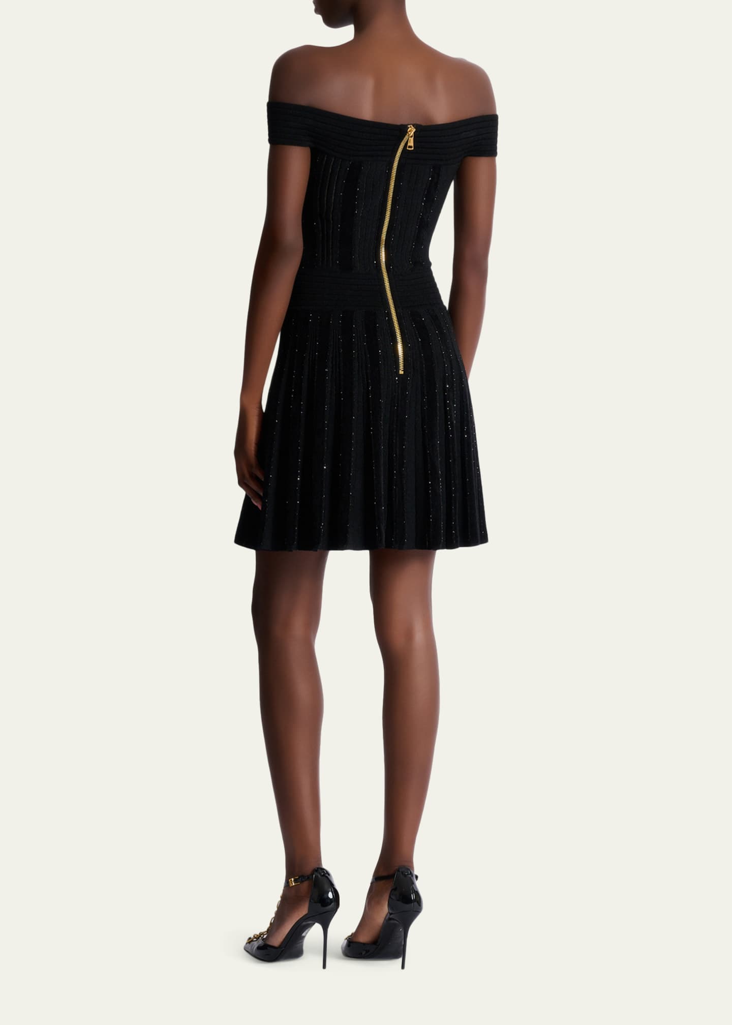 Balmain Off-The-Shoulder Metallic Velvet Pleated Knit Mini Dress ...