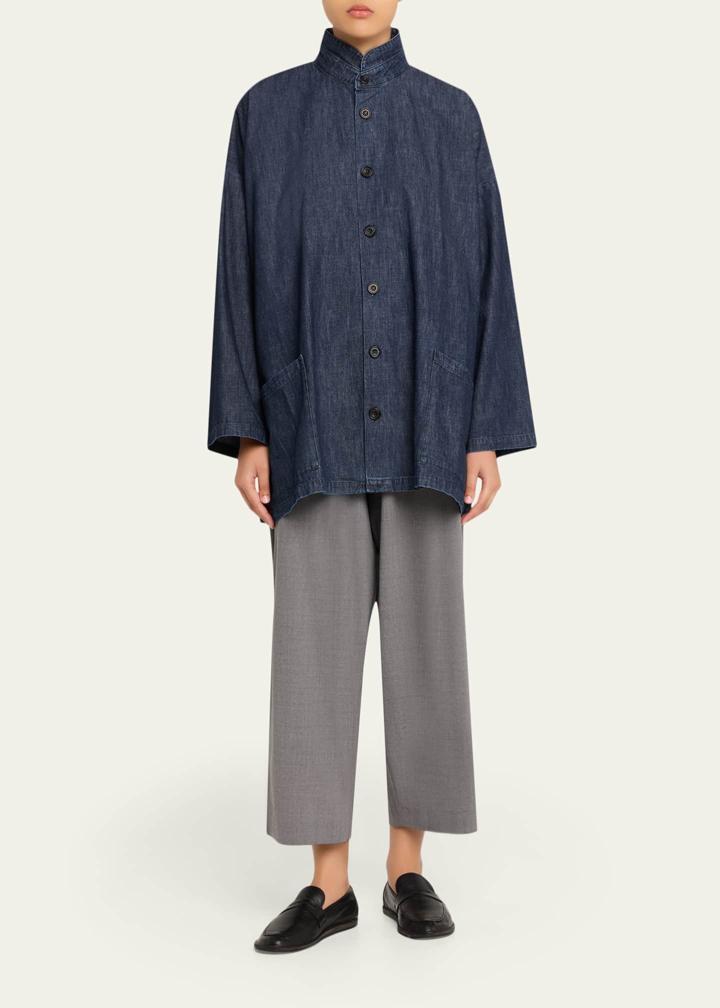 Eskandar Cotton Denim Angle To Front Double Stand Collar Jacket - Long ...