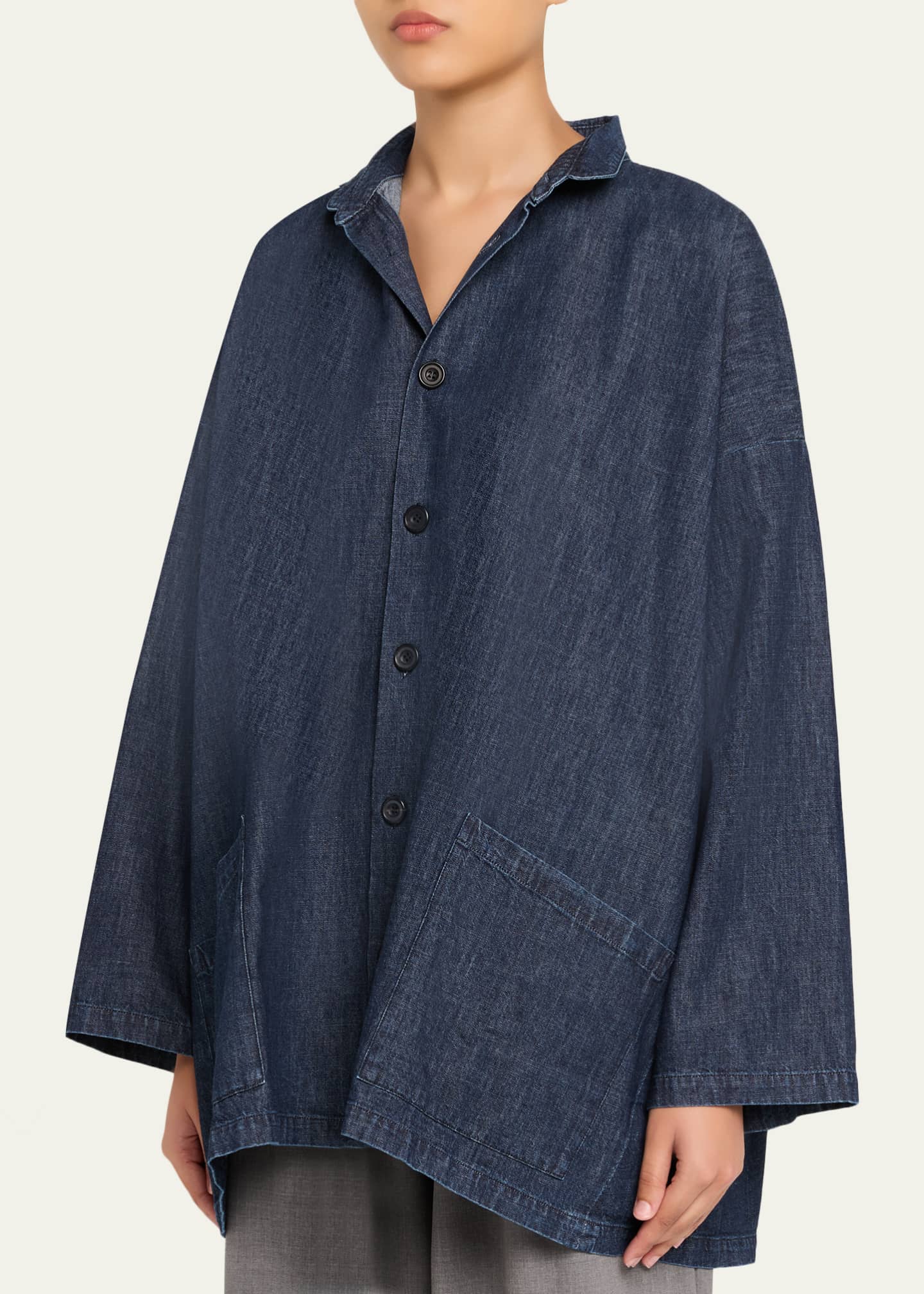 Eskandar Cotton Denim Angle To Front Double Stand Collar Jacket - Long ...