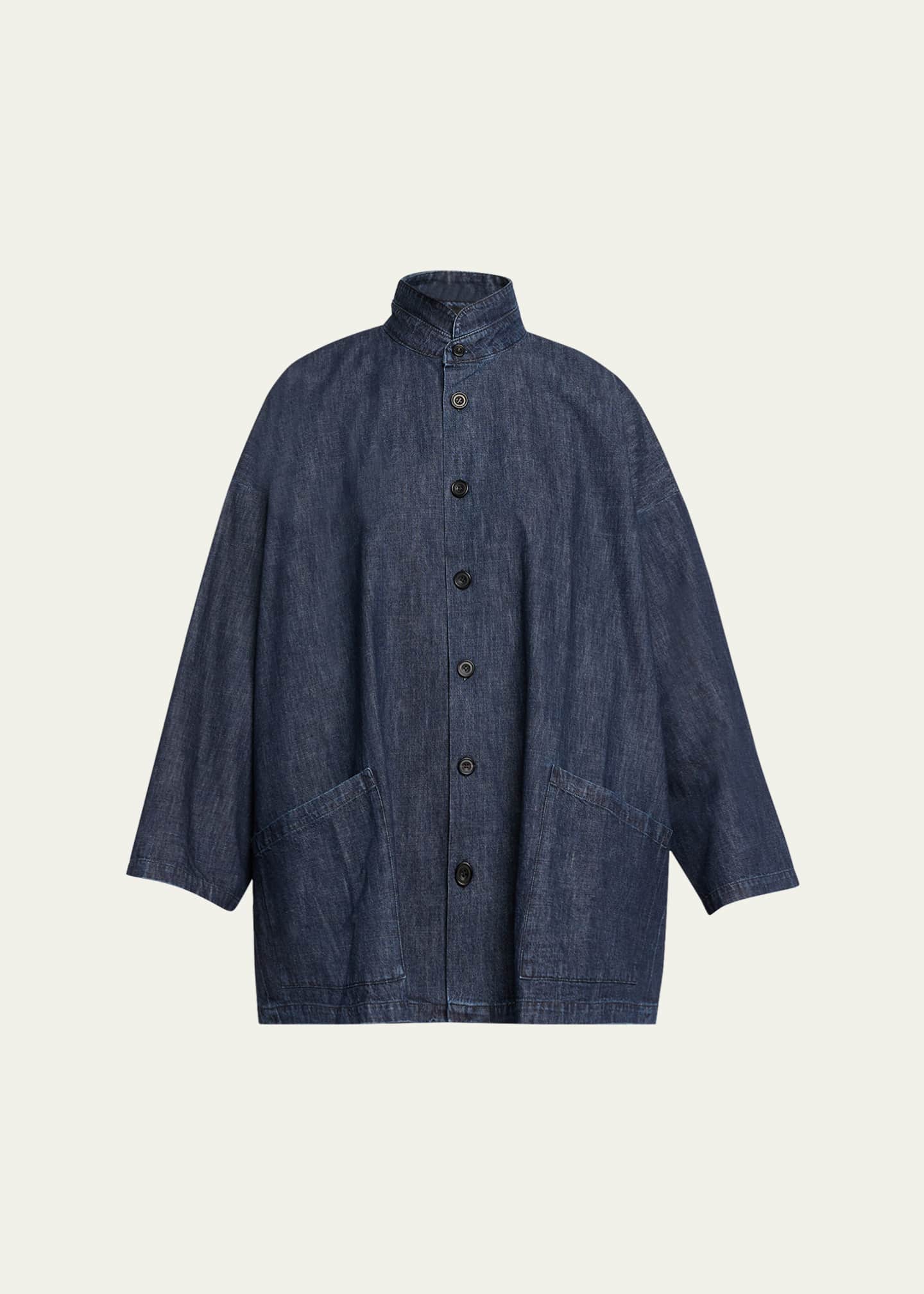 Eskandar Cotton Denim Angle To Front Double Stand Collar Jacket - Long ...