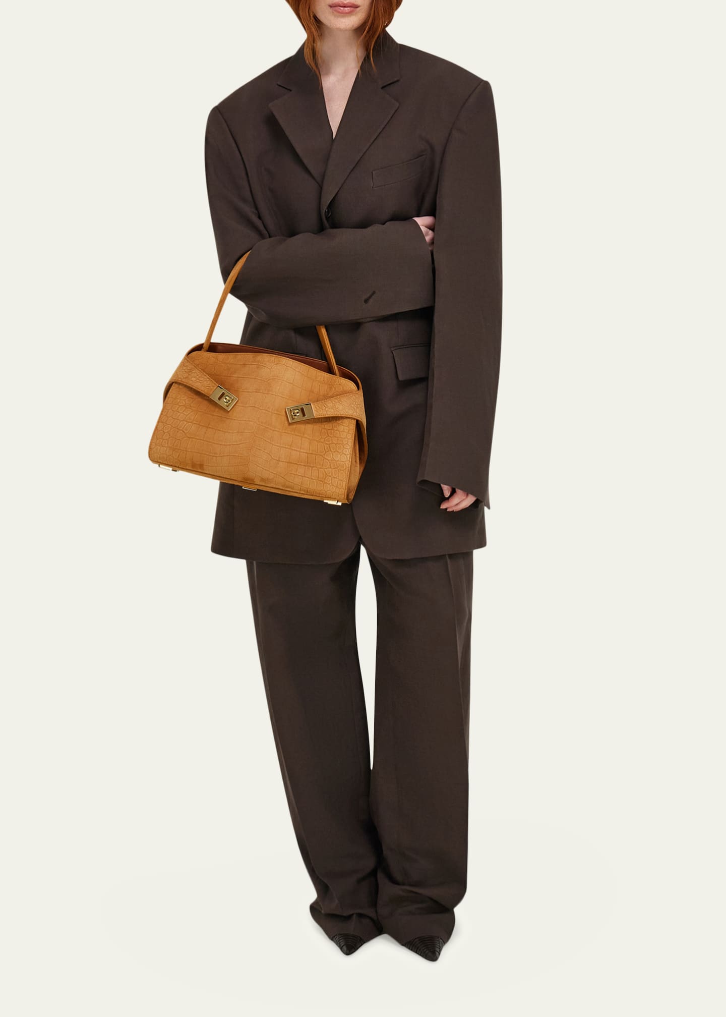 Ferragamo Hug Croc-Embossed Suede Shoulder Bag - Bergdorf Goodman
