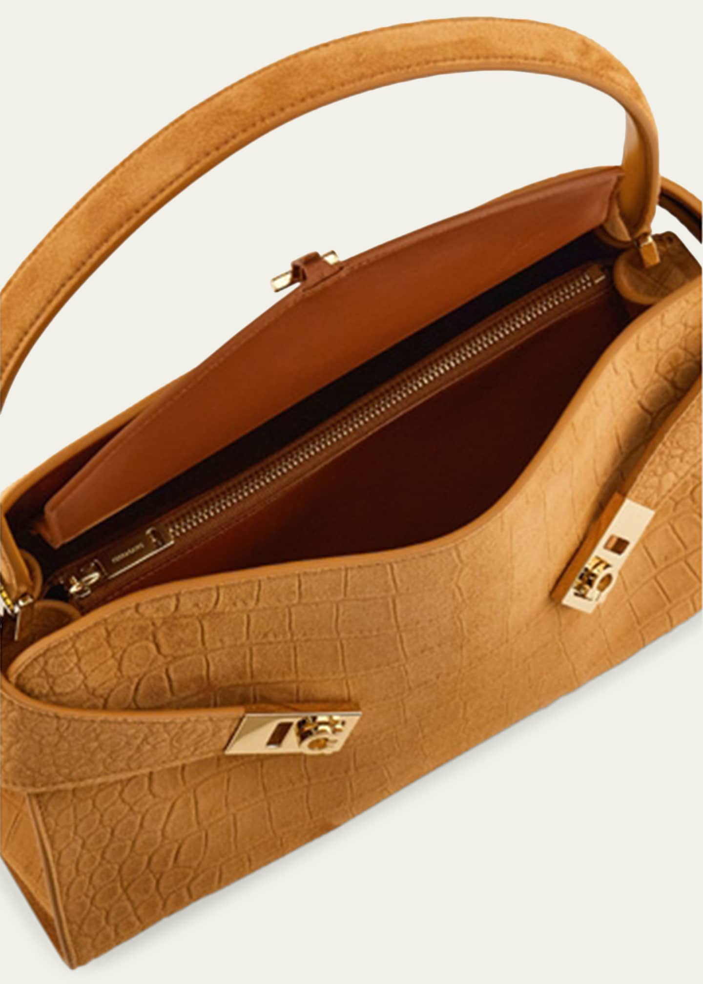 Ferragamo Hug Croc-Embossed Suede Shoulder Bag - Bergdorf Goodman
