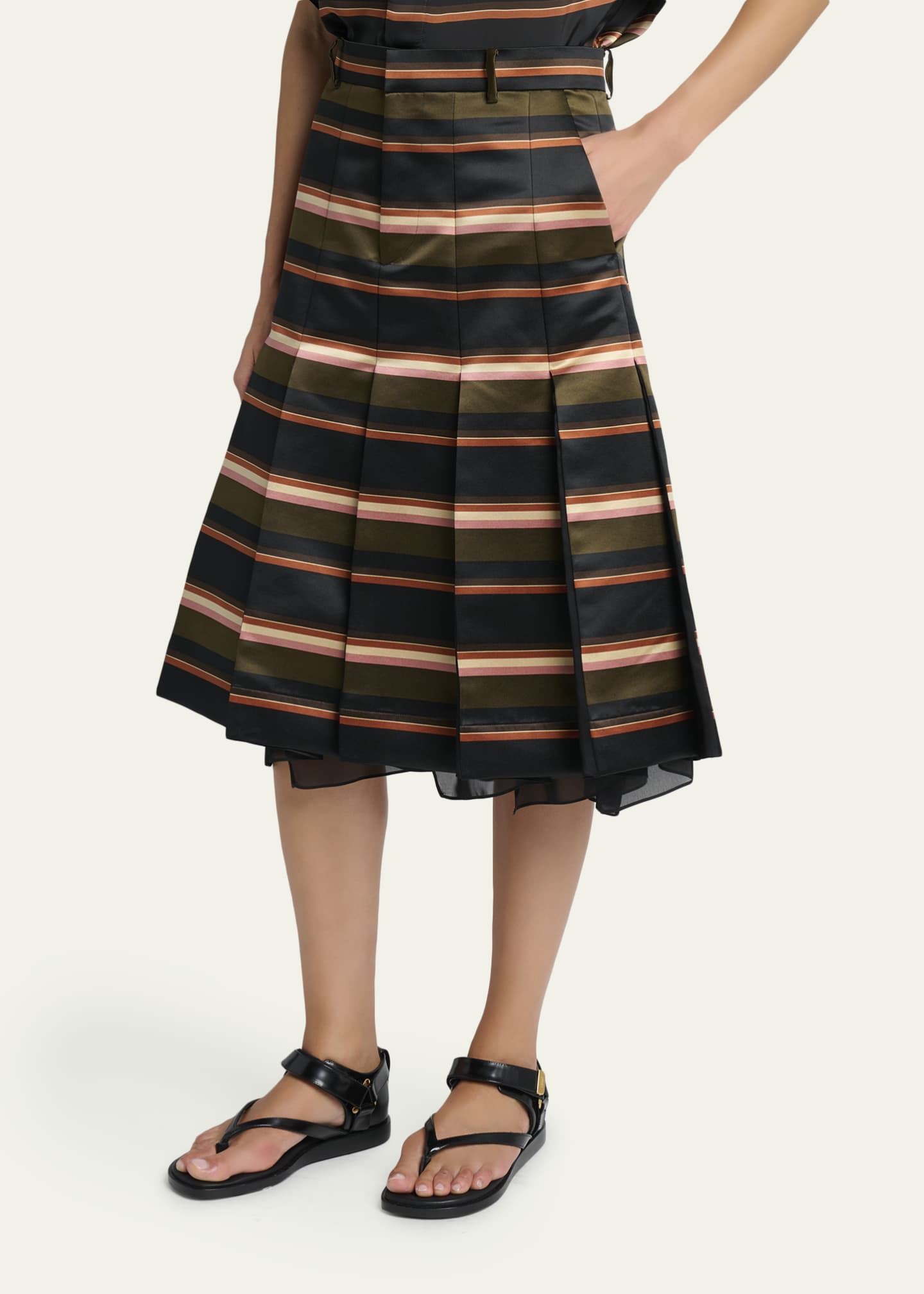 SACAI Horizontal Striped Pleated Midi Skirt - Bergdorf Goodman