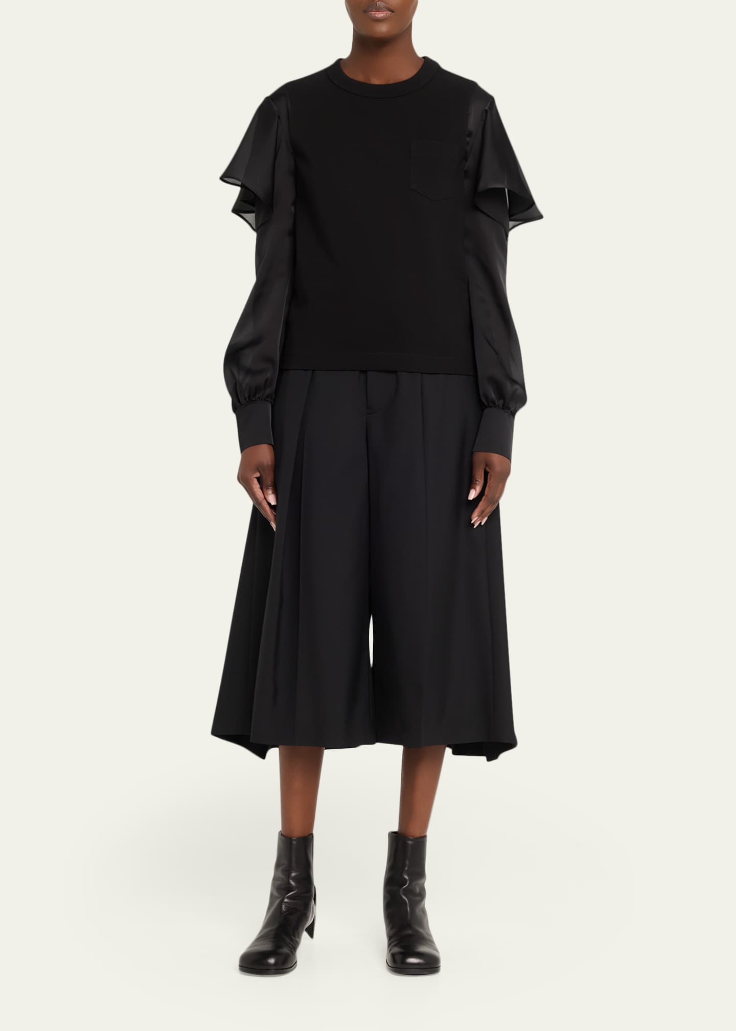 SACAI Satin Ruffle Sleeve Cotton Jersey T-Shirt - Bergdorf Goodman