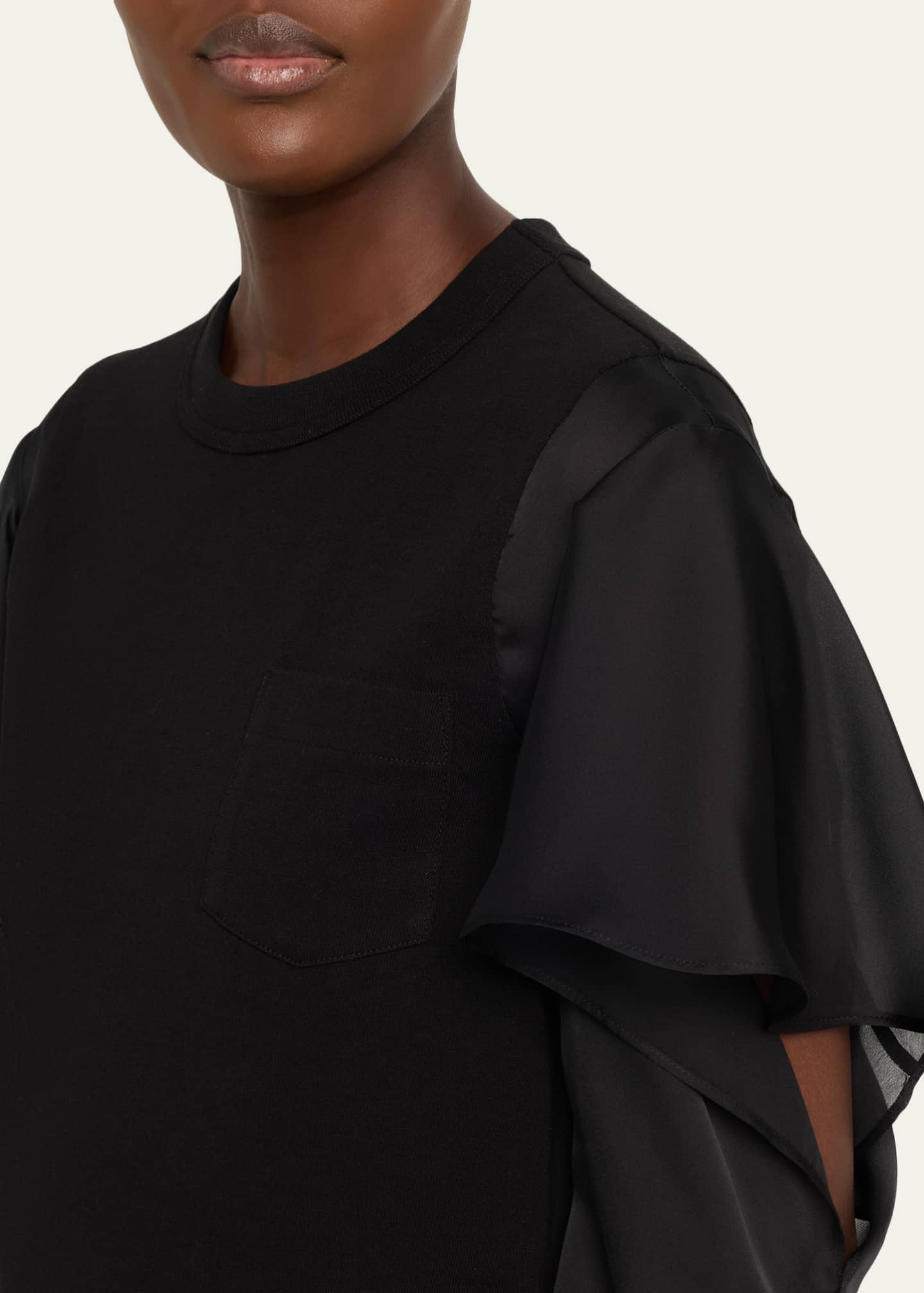 SACAI Satin Ruffle Sleeve Cotton Jersey T-Shirt - Bergdorf Goodman