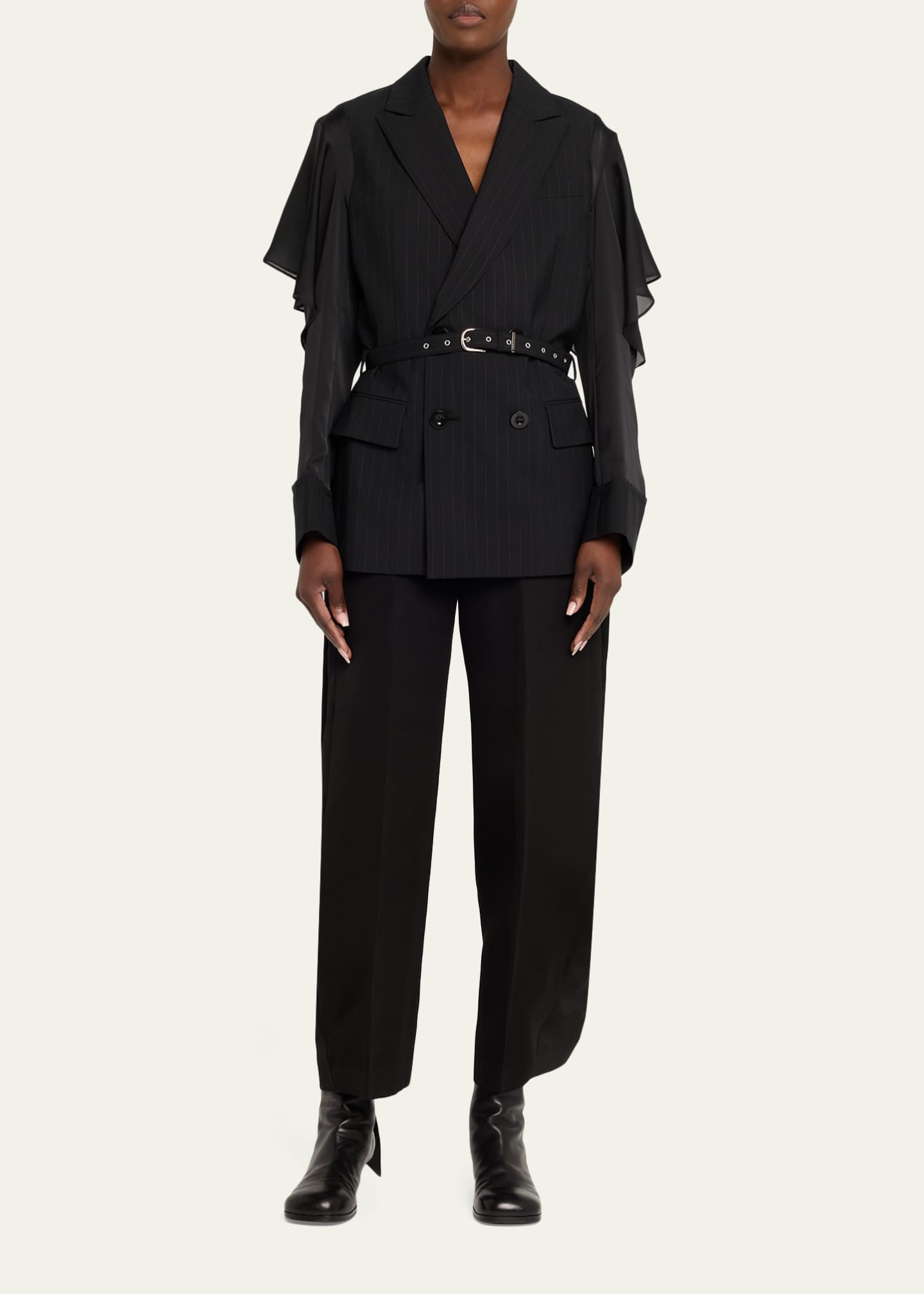 SACAI Chalk Striped Belted Double-Breasted Jacket - Bergdorf Goodman