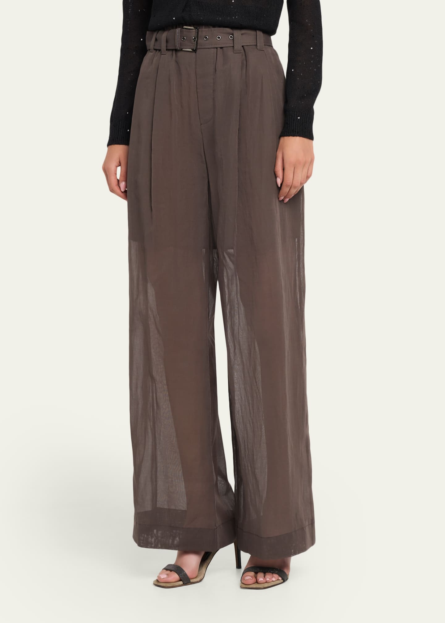 Brunello Cucinelli Sheer Cotton Voile Wide-Leg Pants With Belt ...