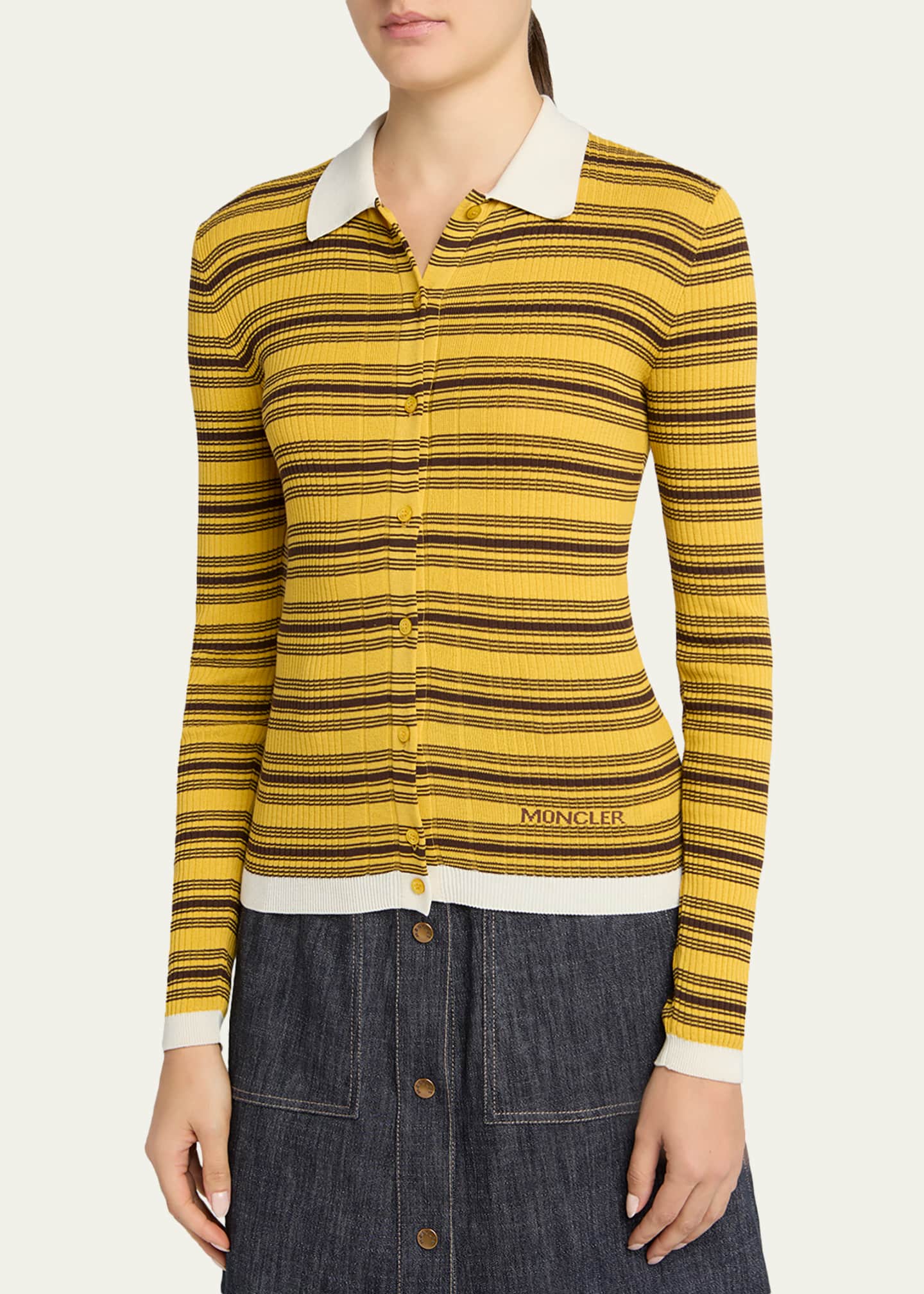Moncler Stripe Long-Sleeve Polo Cardigan - Bergdorf Goodman