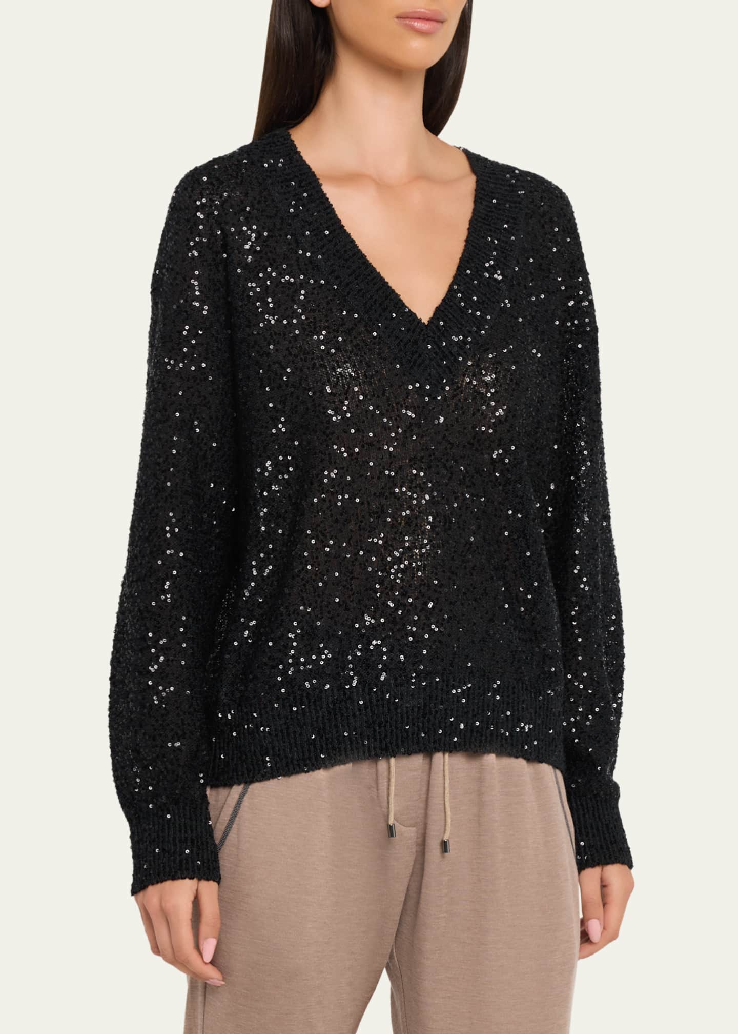 Brunello Cucinelli Shimmering Linen-Cashmere V-Neck Sweater - Bergdorf ...