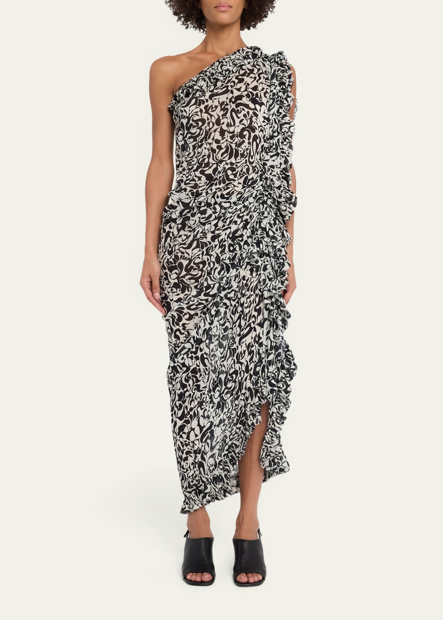 Dries Van Noten Dina One-Shoulder Abstract-Print Ruffle Midi Dress ...