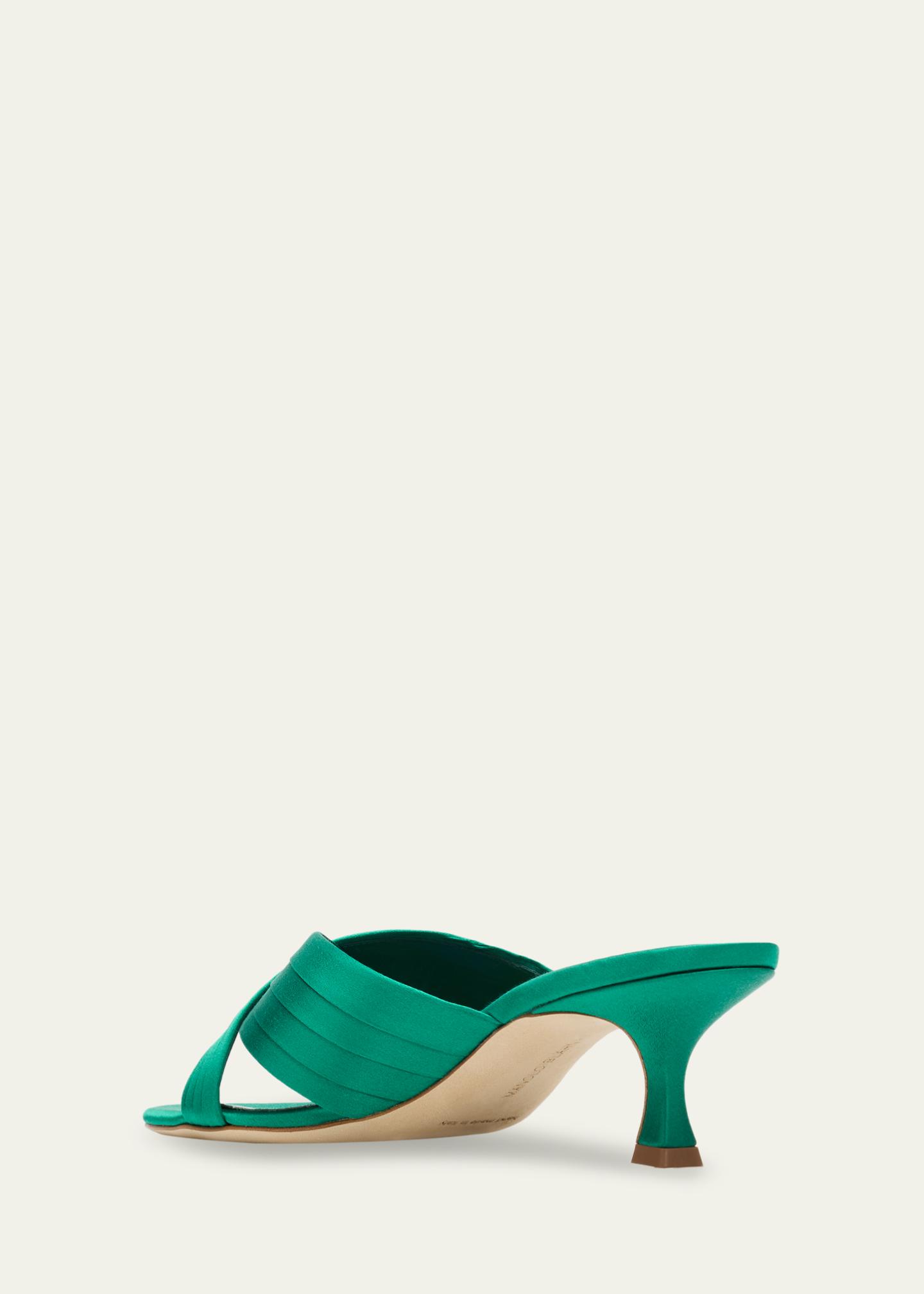 Manolo Blahnik Vieramul Pleated Satin Kitten-Heel Mule Sandals ...