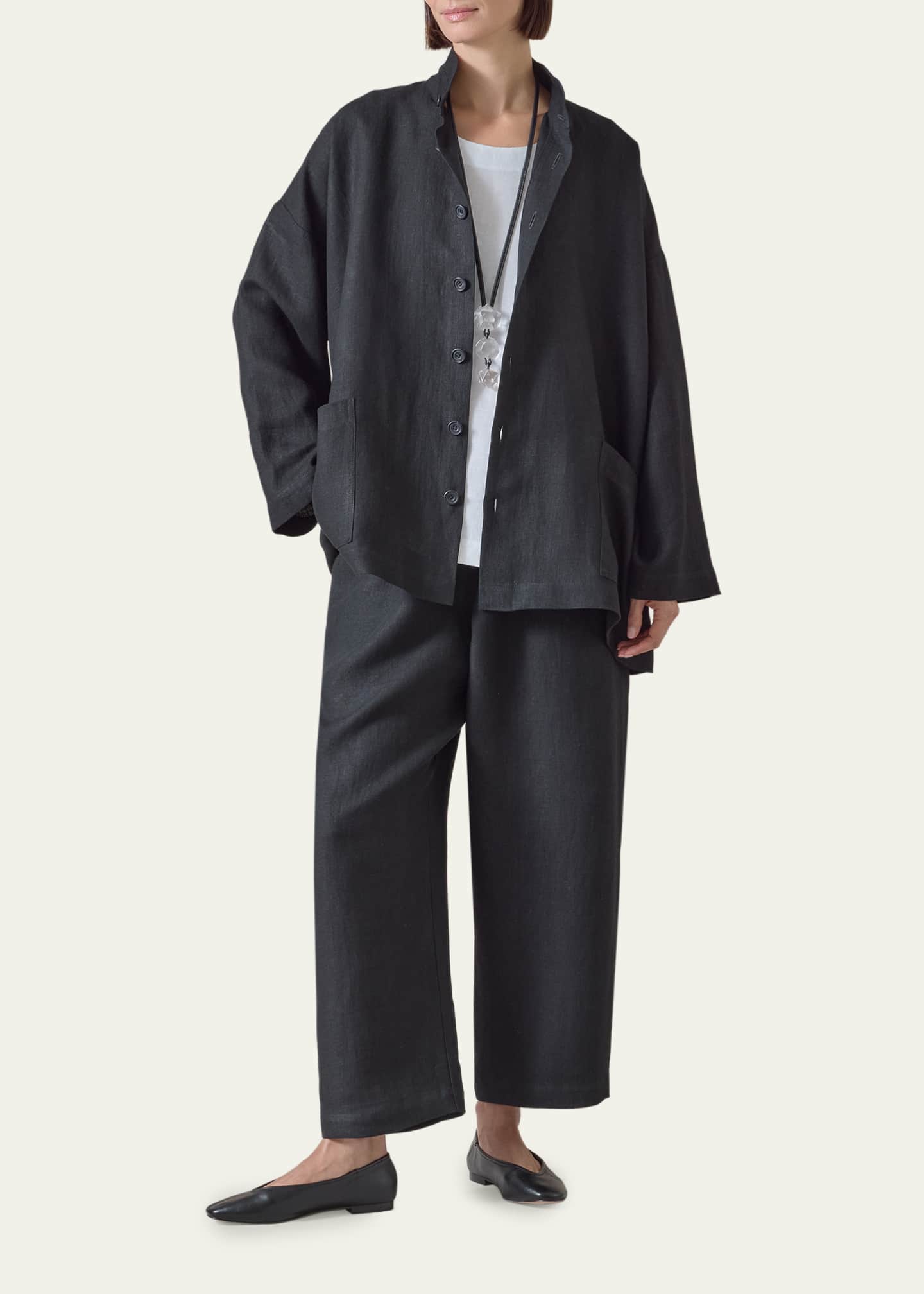 Eskandar Heavyweight Linen Angle-To-Front Double Stand Collar Jacket ...