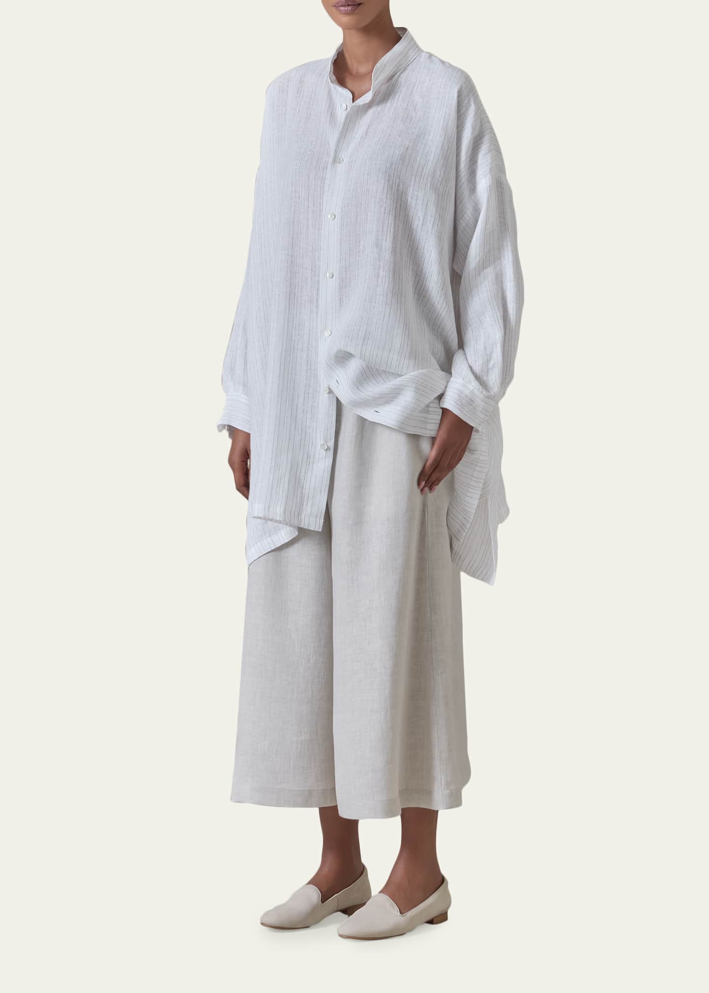 Eskandar Metallic Linen Wide A-Line Collarless Shirt - Long Plus Length ...