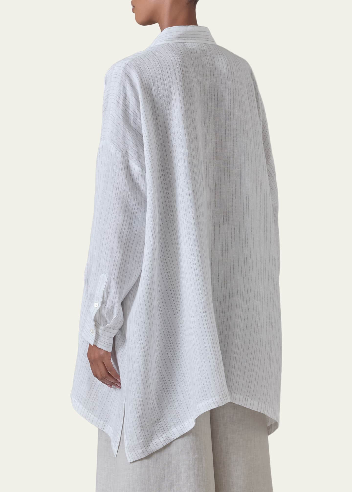 Eskandar Metallic Linen Wide A-Line Collarless Shirt - Long Plus Length ...