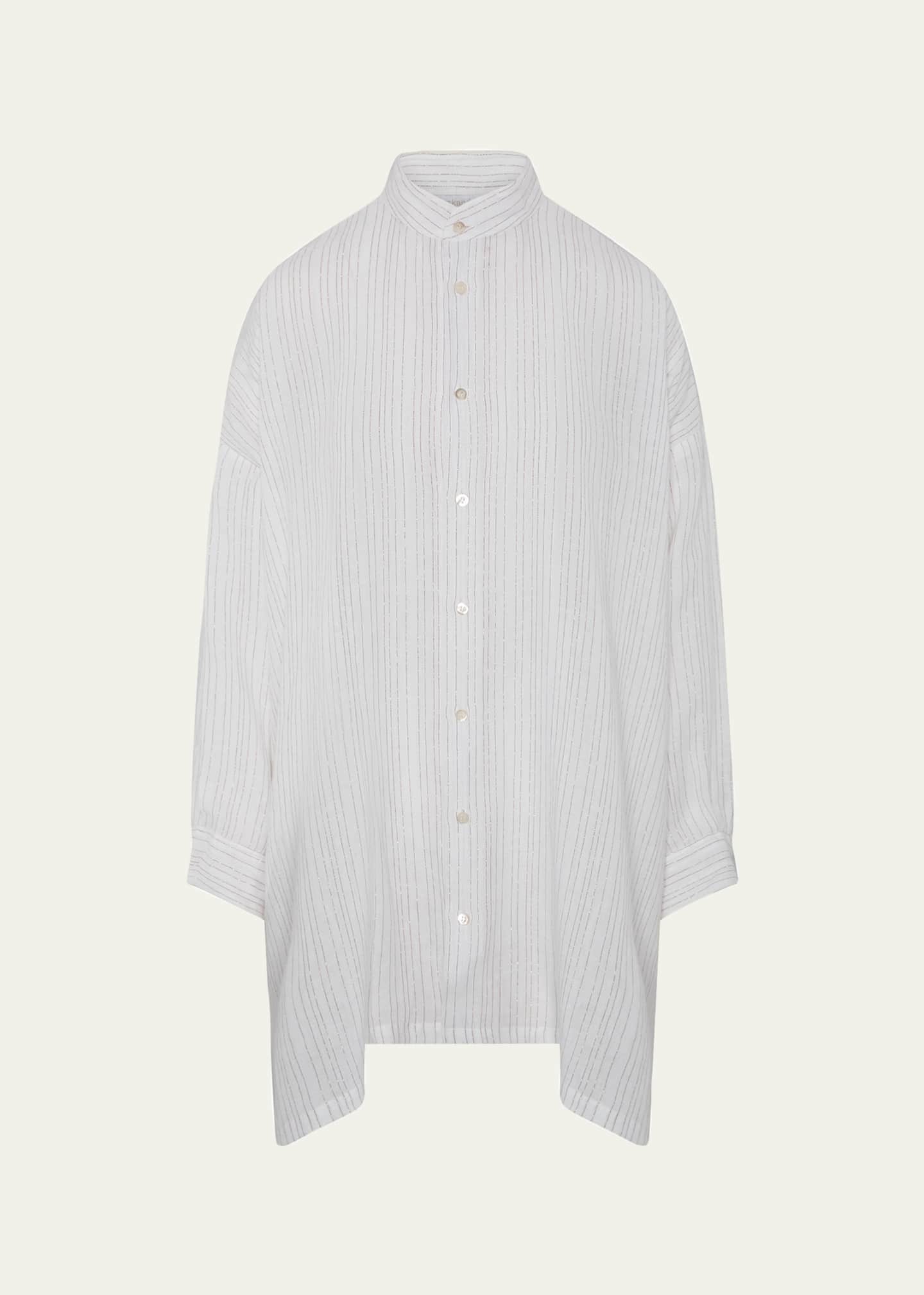 Eskandar Metallic Linen Wide A-Line Collarless Shirt - Long Plus Length ...