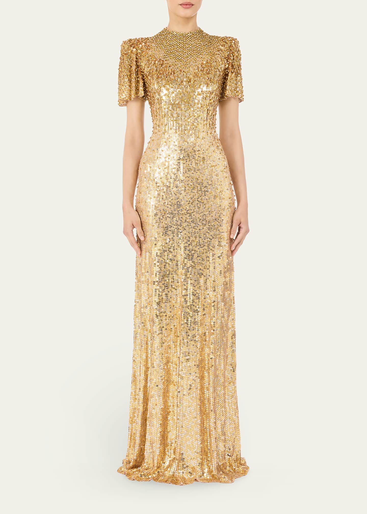 Jenny Packham Jourdain Sequined Short-Sleeve A-Line Gown - Bergdorf Goodman