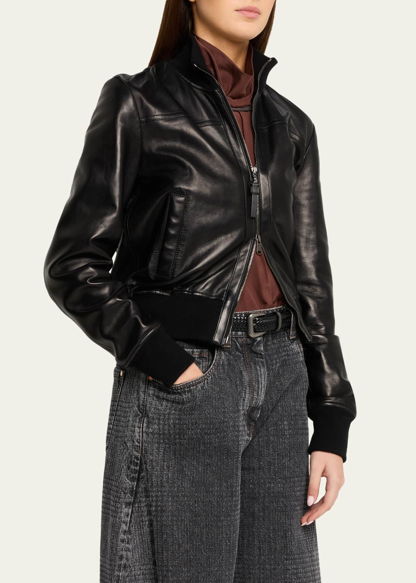 Brunello Cucinelli Turtleneck Leather Bomber Jacket - Bergdorf Goodman