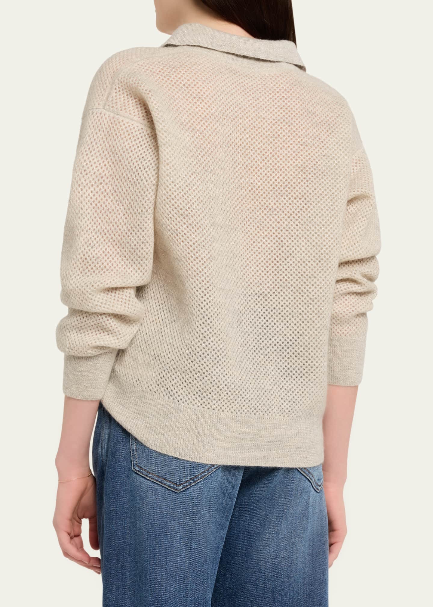 Brunello Cucinelli Shimmering Mohair Net Knit Polo Sweater - Bergdorf ...