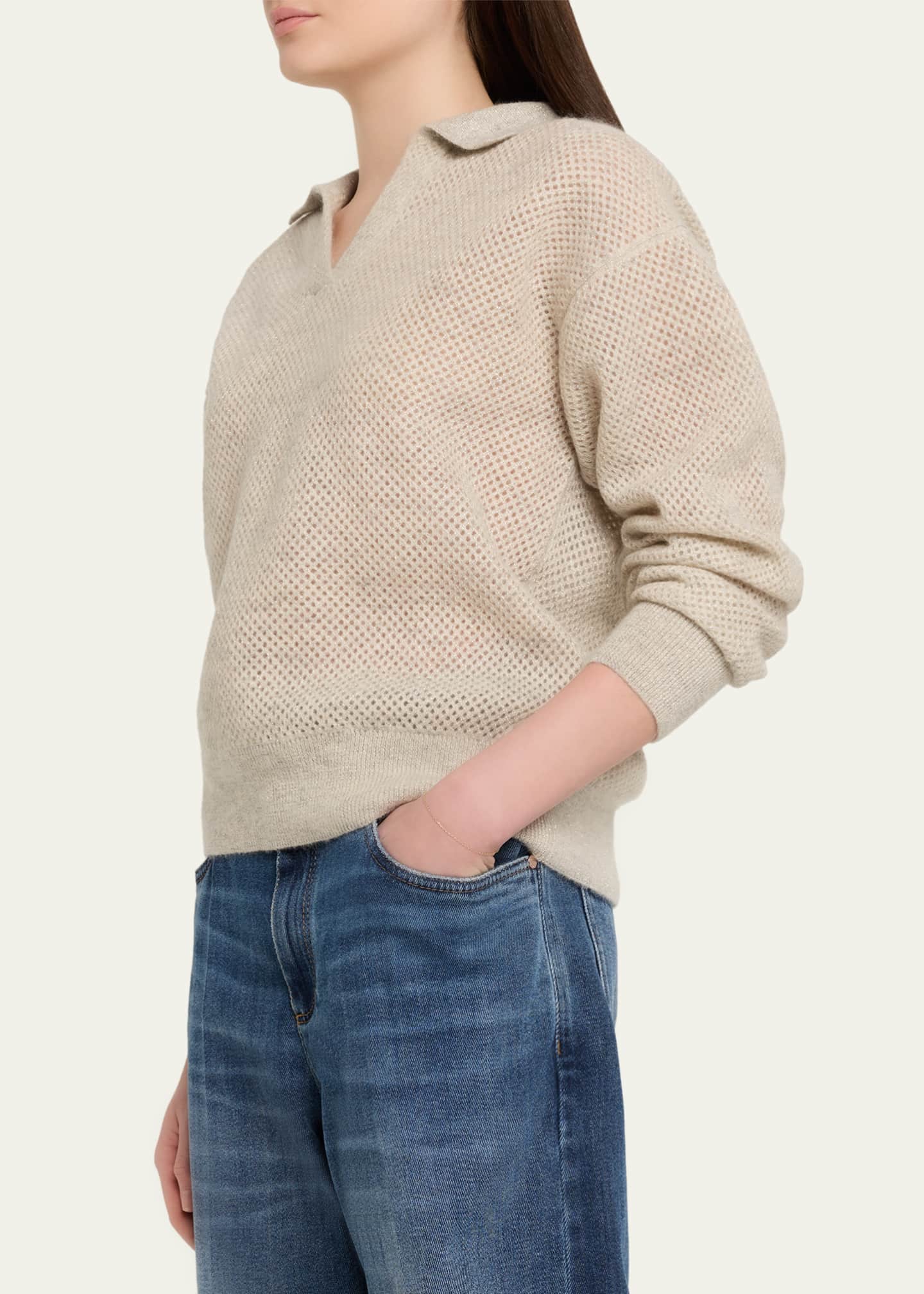 Brunello Cucinelli Shimmering Mohair Net Knit Polo Sweater - Bergdorf ...