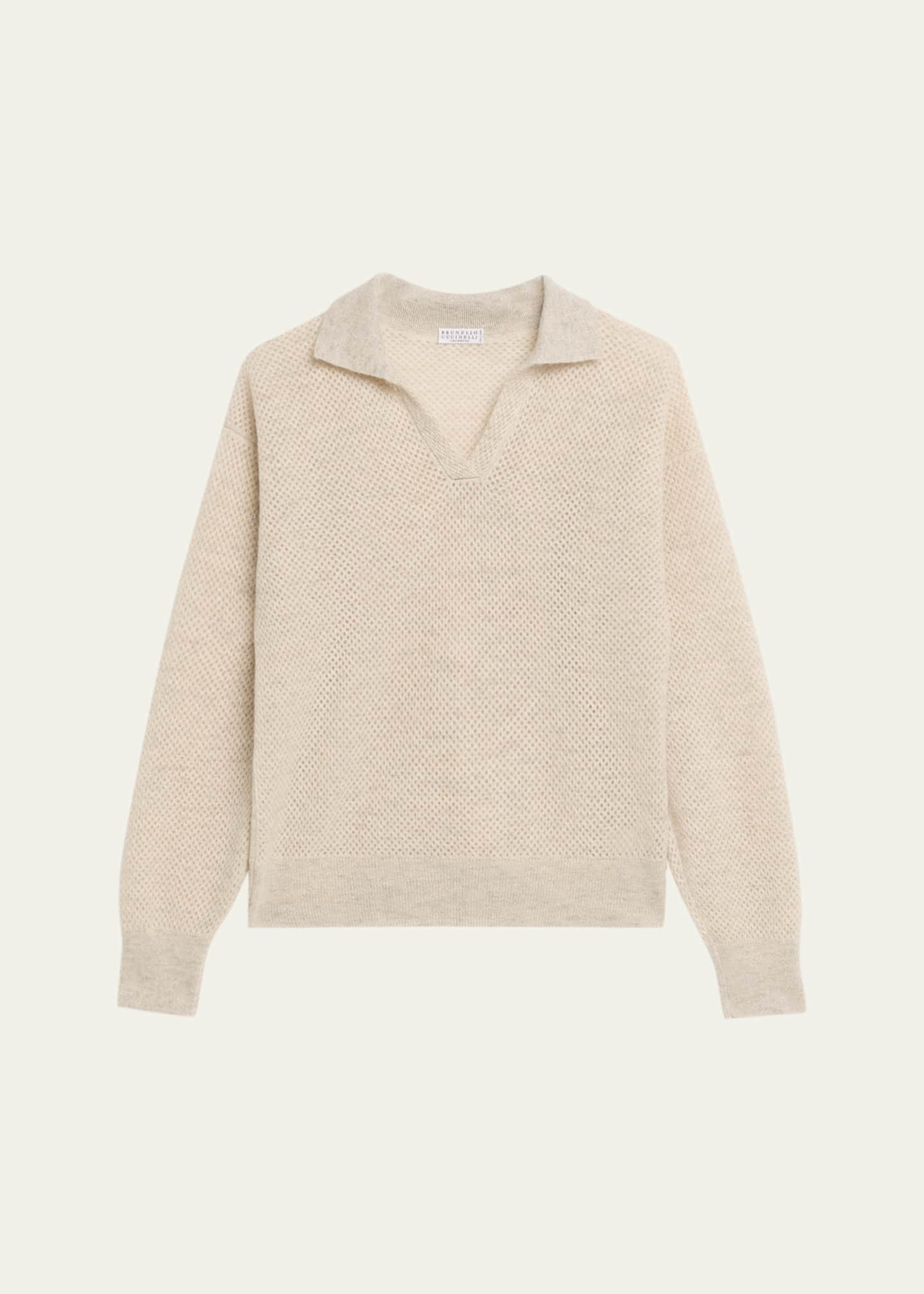 Brunello Cucinelli Shimmering Mohair Net Knit Polo Sweater - Bergdorf ...