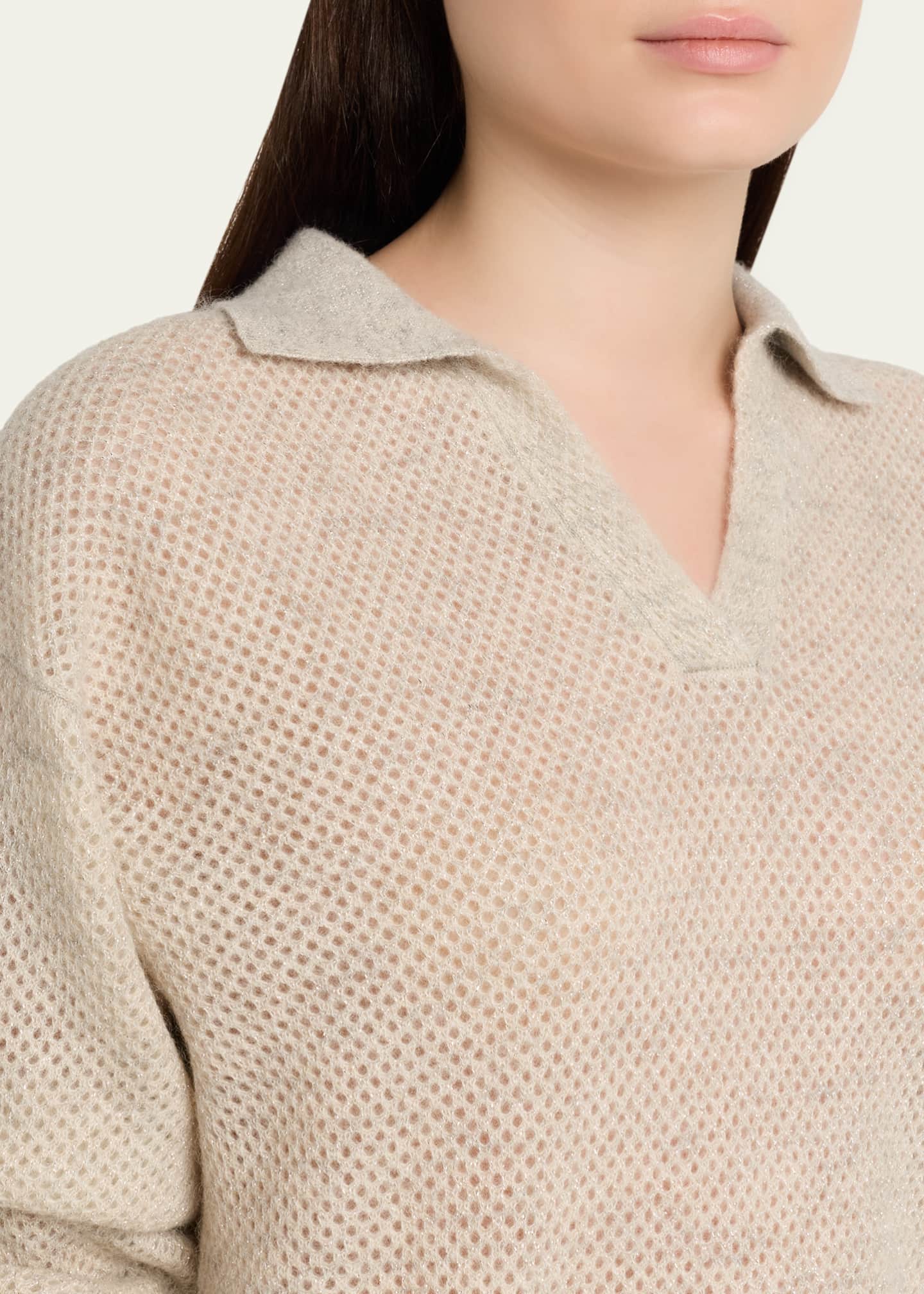 Brunello Cucinelli Shimmering Mohair Net Knit Polo Sweater - Bergdorf ...