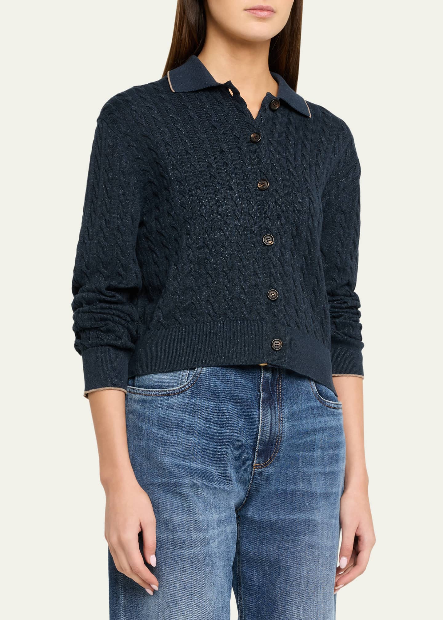 Brunello Cucinelli Shimmering Cable Knit Collared Cardigan - Bergdorf ...