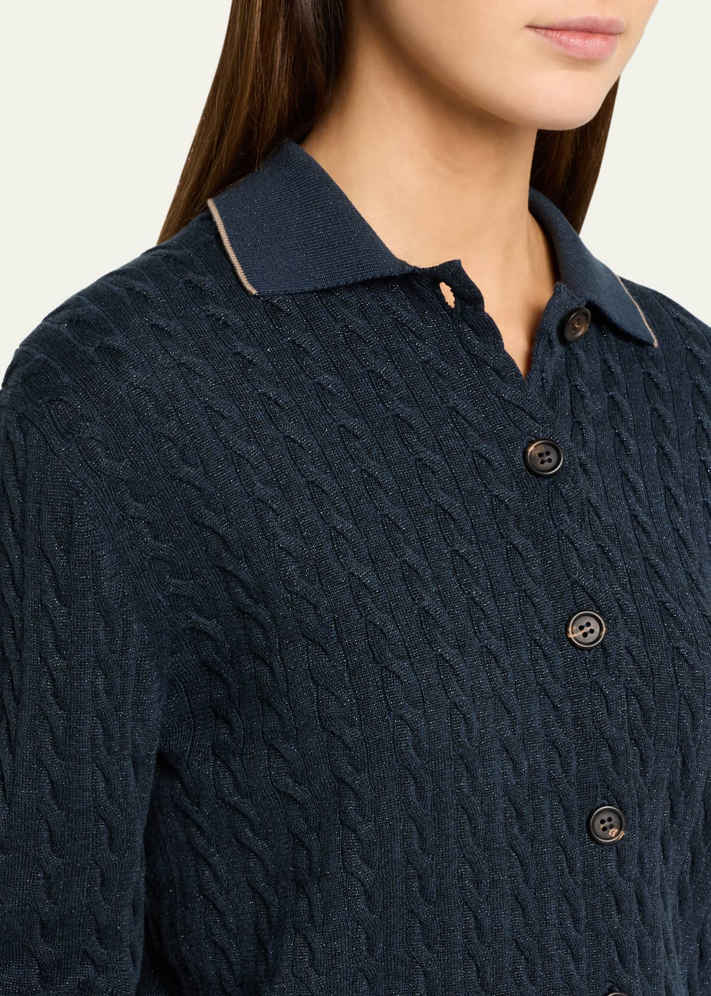 Brunello Cucinelli Shimmering Cable Knit Collared Cardigan - Bergdorf ...
