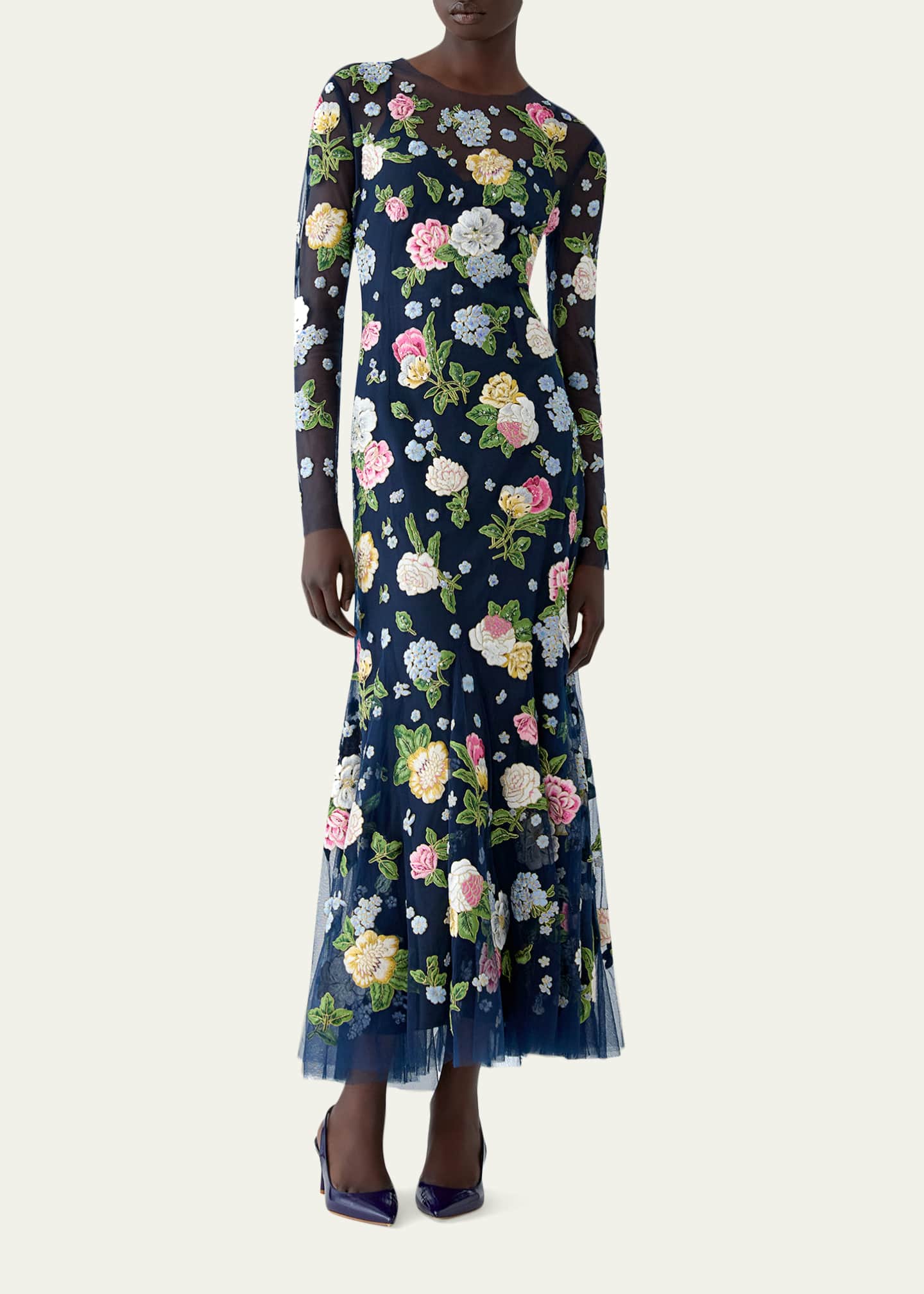 Carolina Herrera Floral Embroidered Tulle Long-Sleeve Midi Dress ...