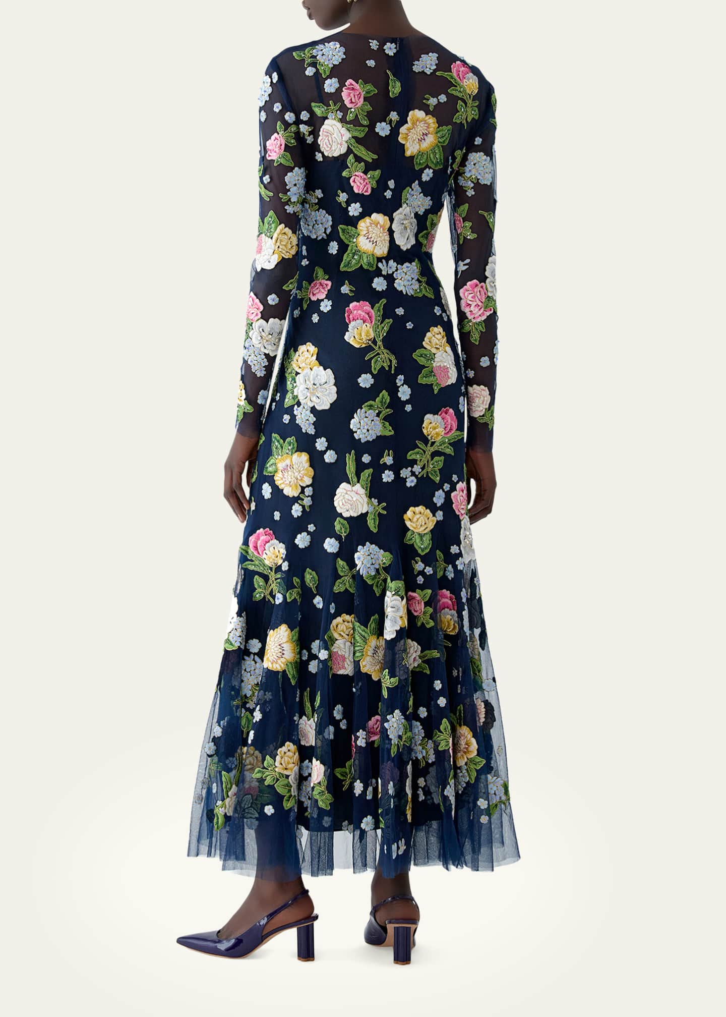 Carolina Herrera Floral Embroidered Tulle Long-Sleeve Midi Dress ...