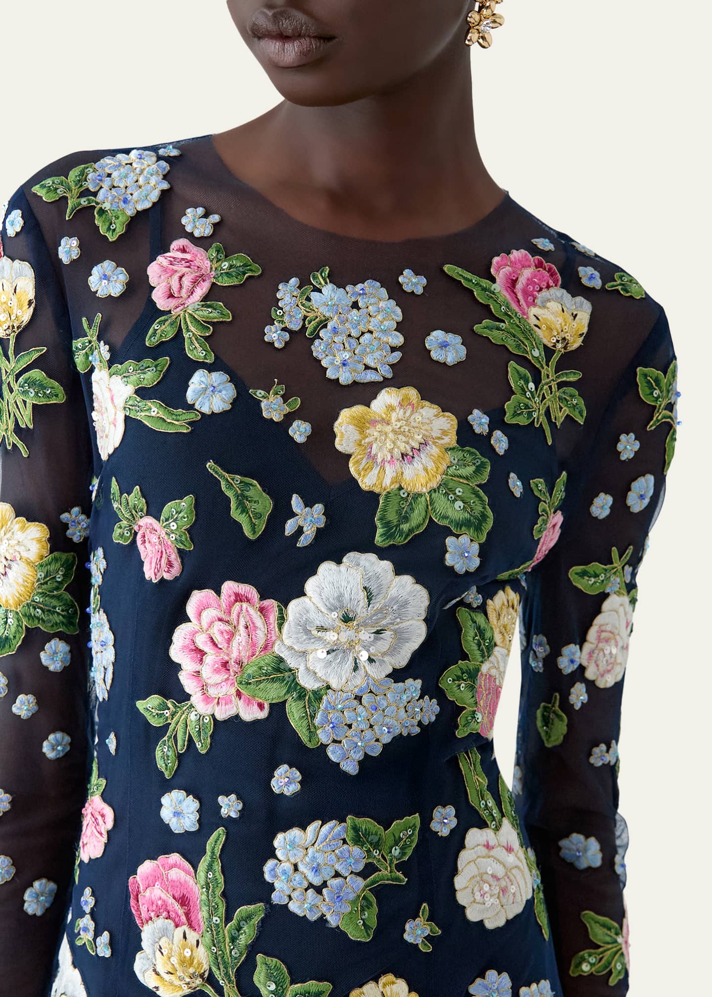 Carolina Herrera Floral Embroidered Tulle Long-Sleeve Midi Dress ...