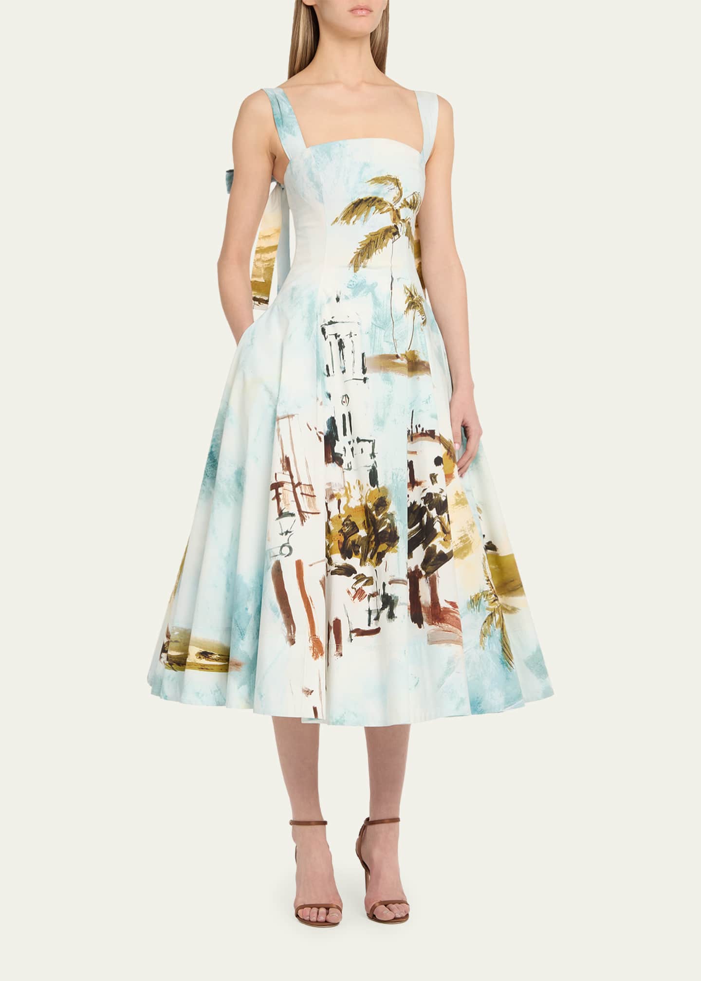 Oscar de la Renta Sleeveless Landscape-Print Poplin Midi Dress ...