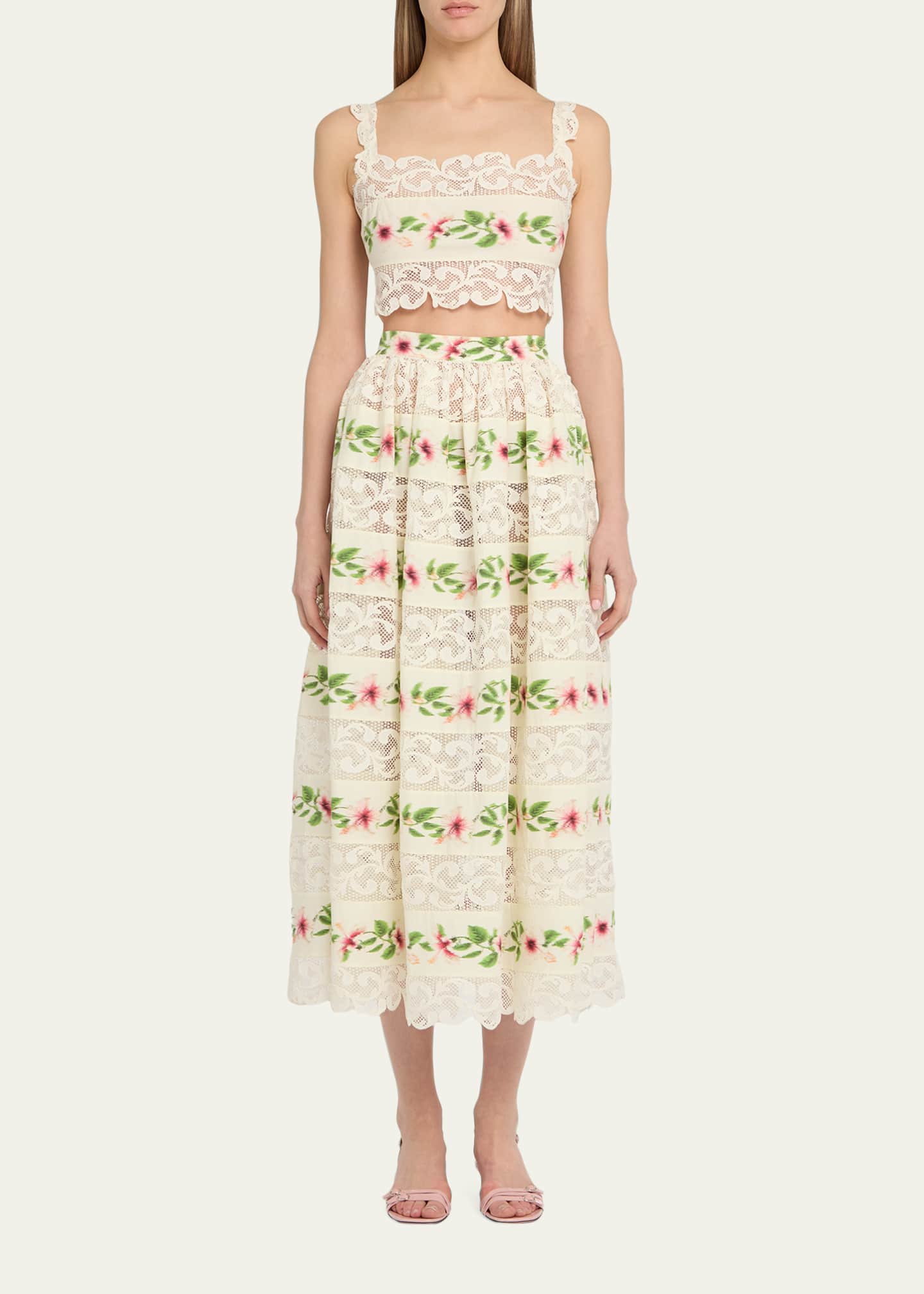 Oscar de la Renta Sleeveless Chine Hibiscus-Print Lace-Trim Crop Top ...