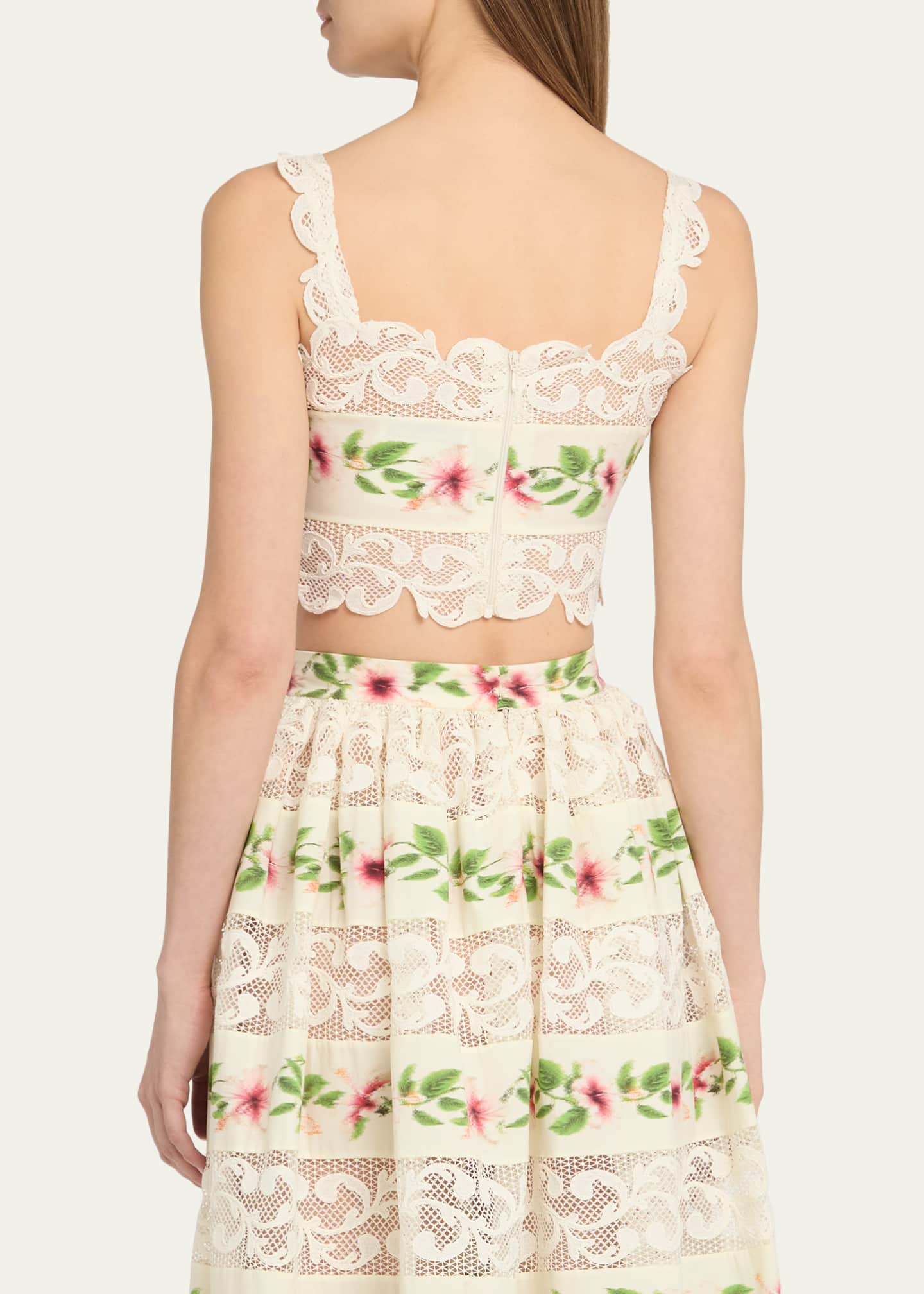 Oscar de la Renta Sleeveless Chine Hibiscus-Print Lace-Trim Crop Top ...