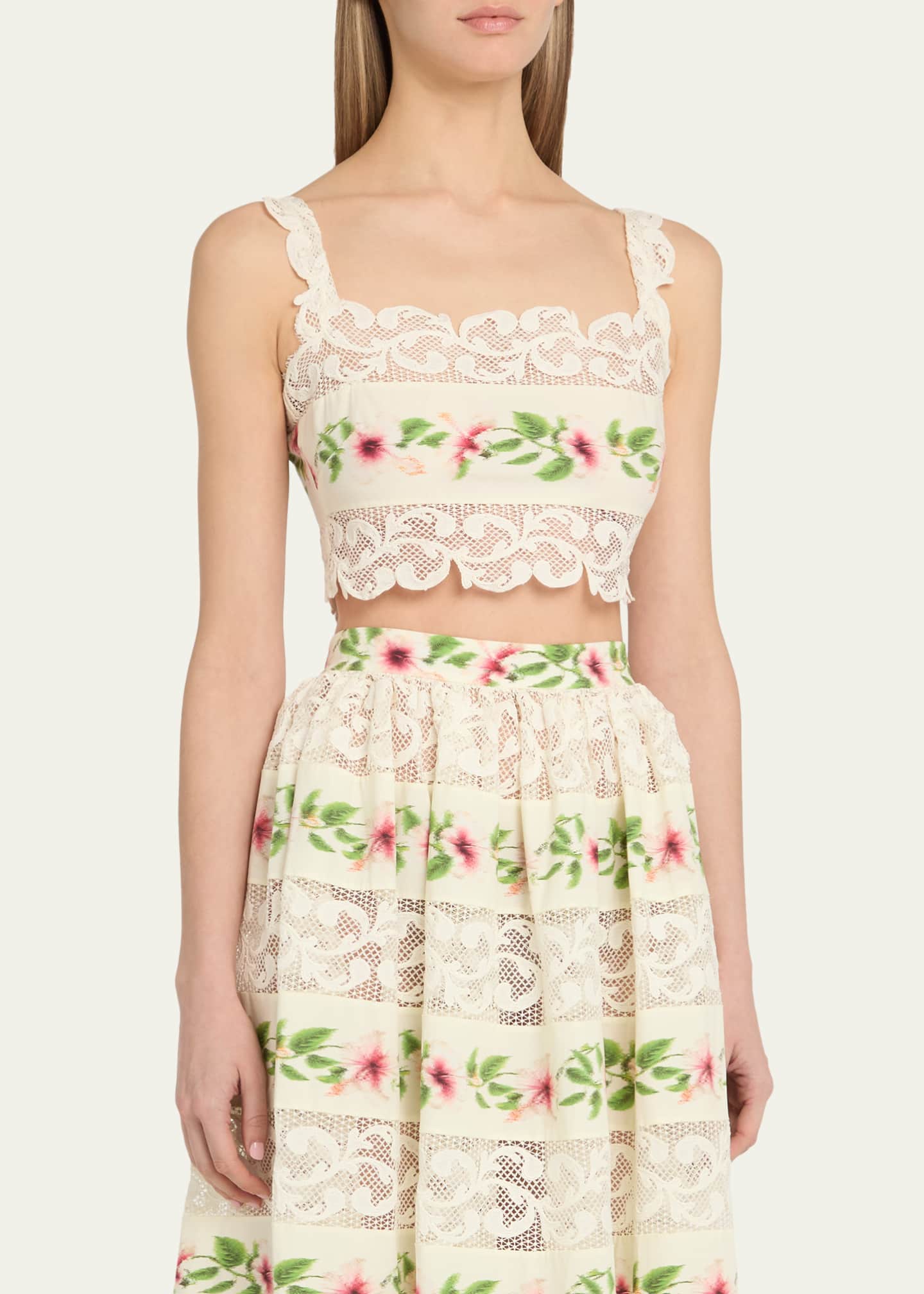 Oscar de la Renta Sleeveless Chine Hibiscus-Print Lace-Trim Crop Top ...