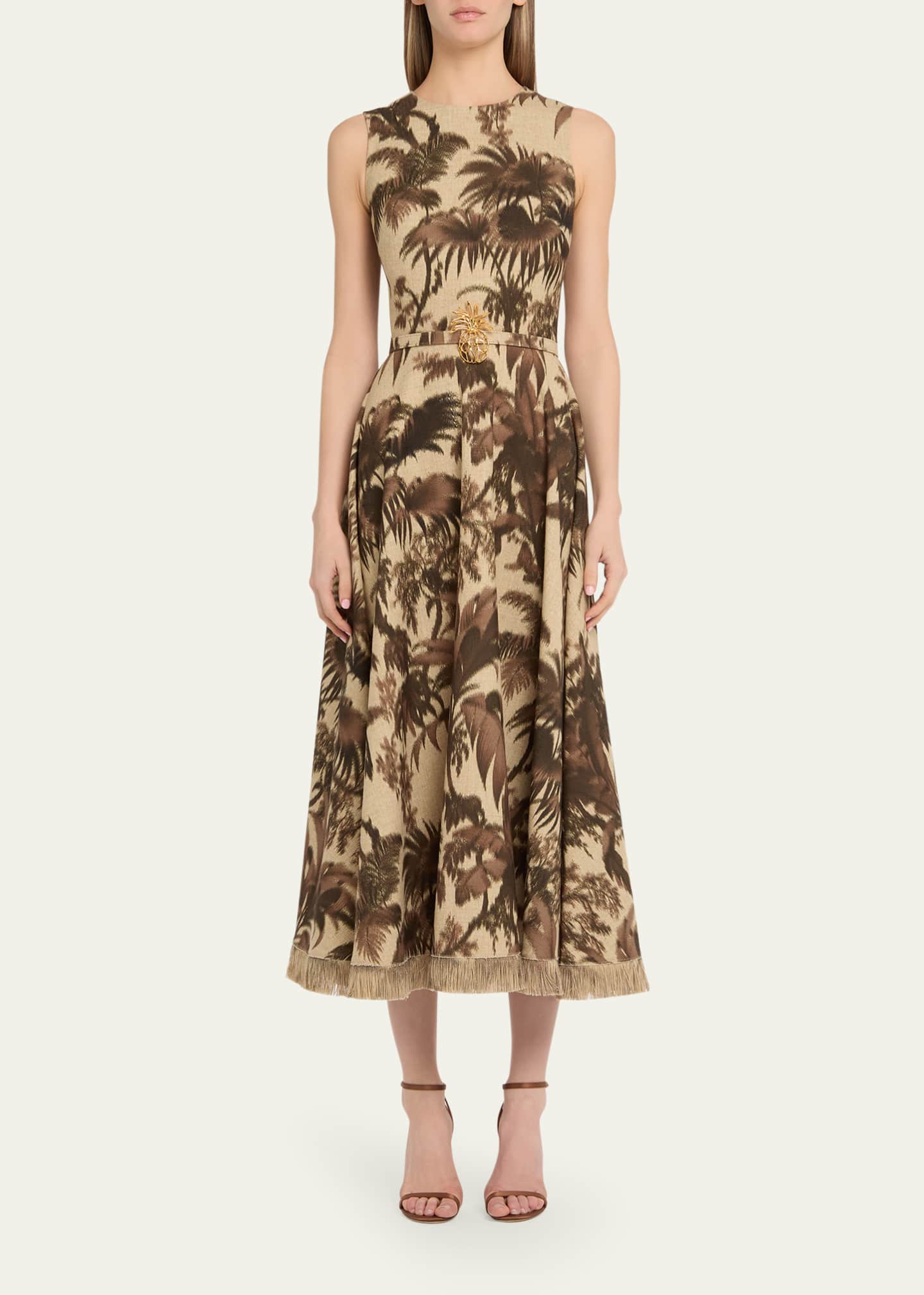 Oscar de la Renta Sleeveless Chine Palm-Print Belted Midi Dress ...