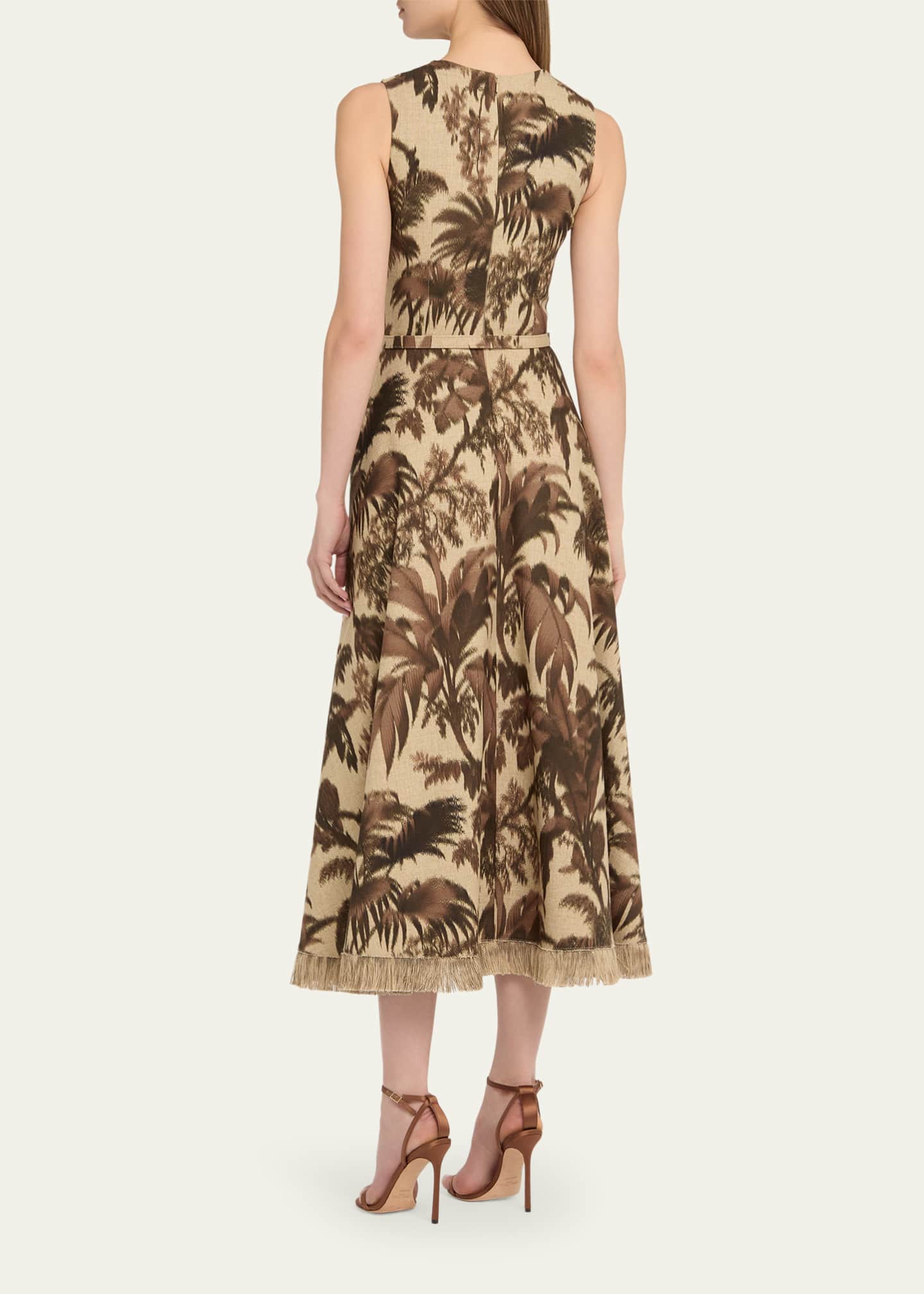 Oscar de la Renta Sleeveless Chine Palm-Print Belted Midi Dress ...