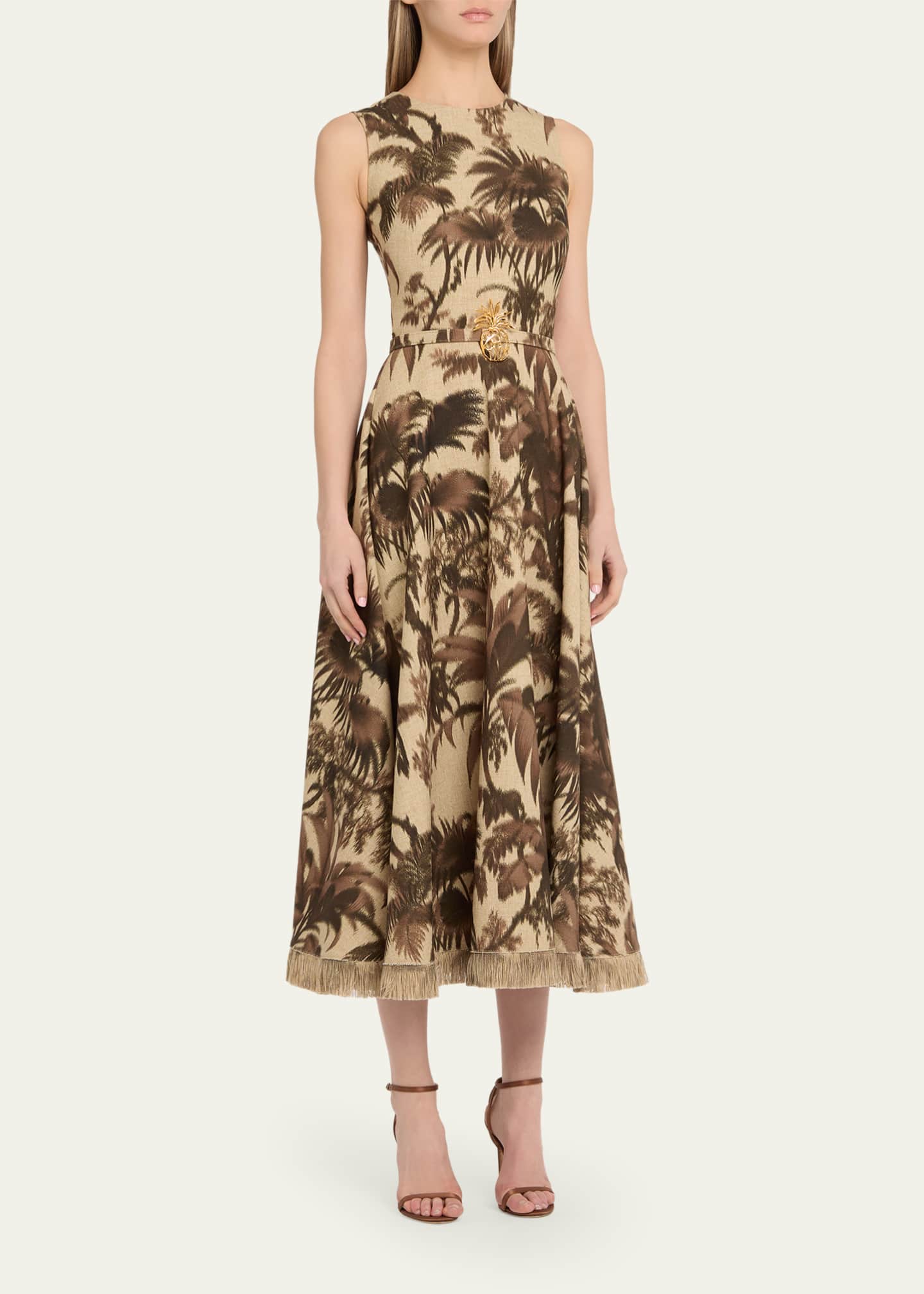 Oscar de la Renta Sleeveless Chine Palm-Print Belted Midi Dress ...