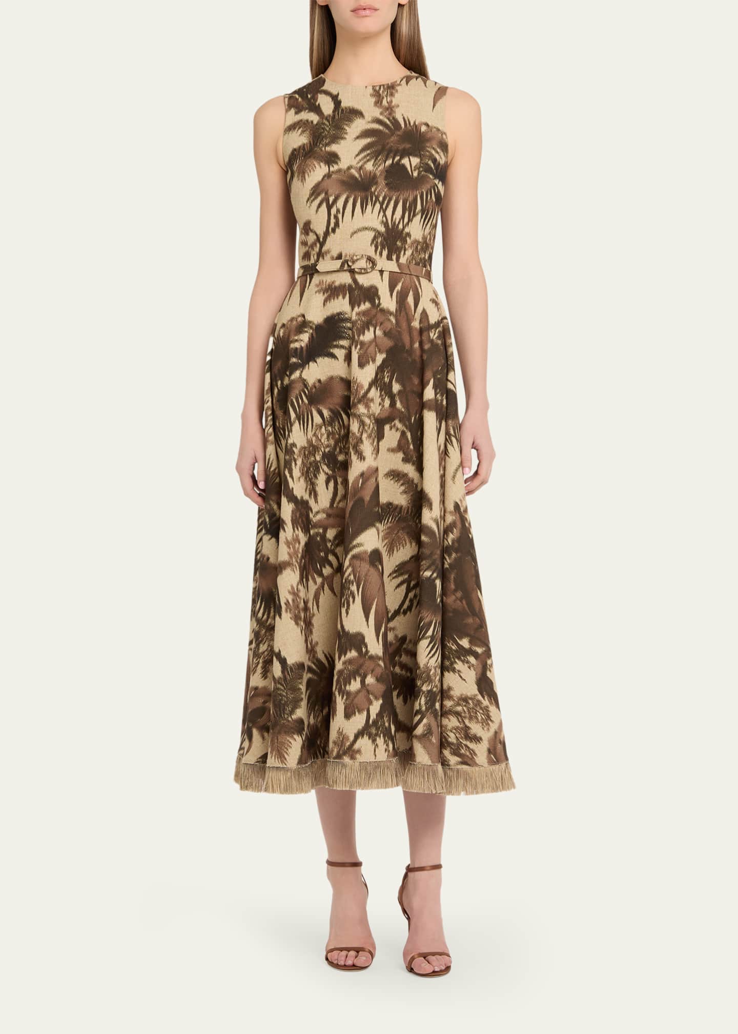 Oscar de la Renta Sleeveless Chine Palm-Print Belted Midi Dress ...