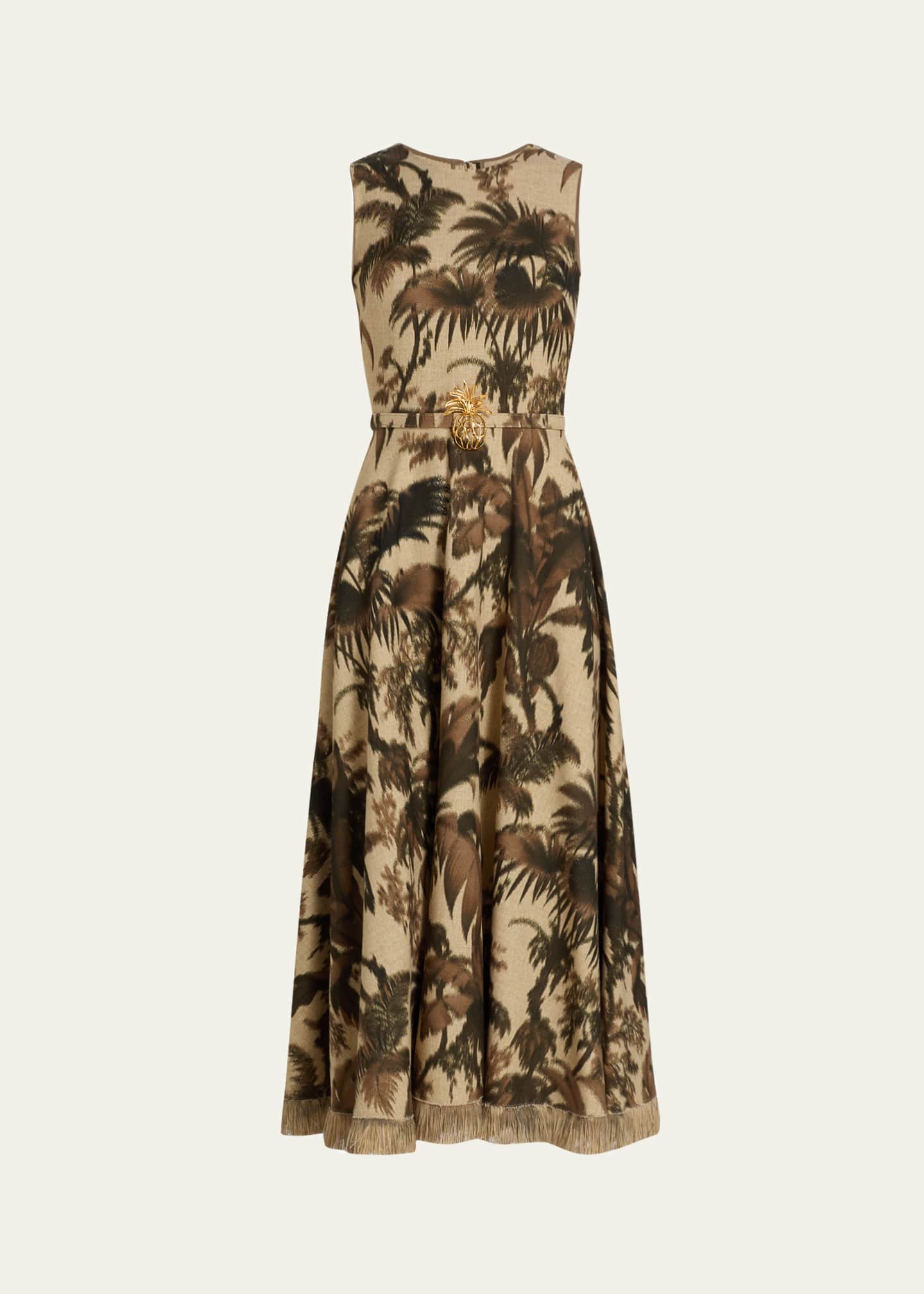 Oscar de la Renta Sleeveless Chine Palm-Print Belted Midi Dress ...