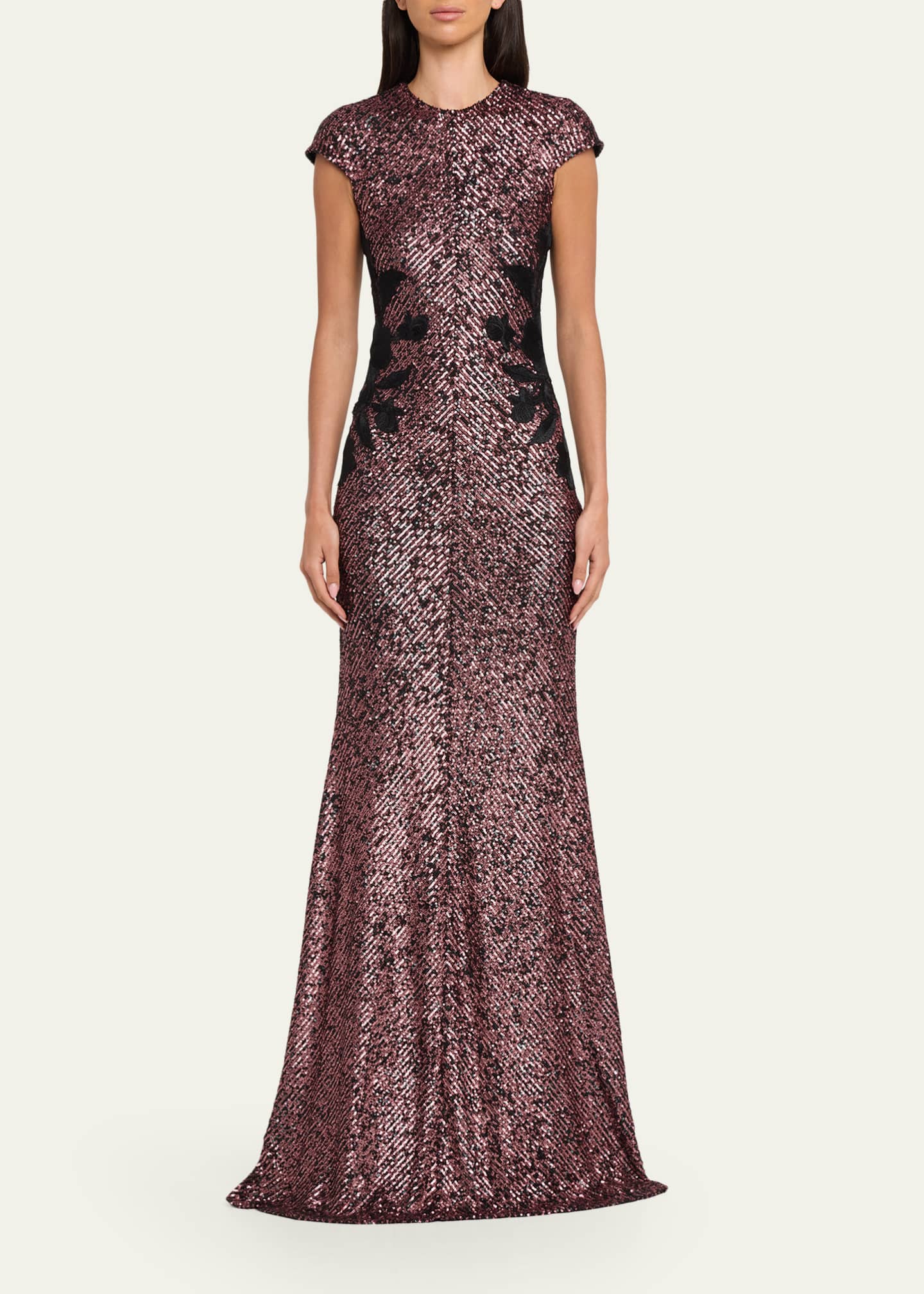 Naeem Khan Floral Applique Short-Sleeved Sequin Gown - Bergdorf Goodman
