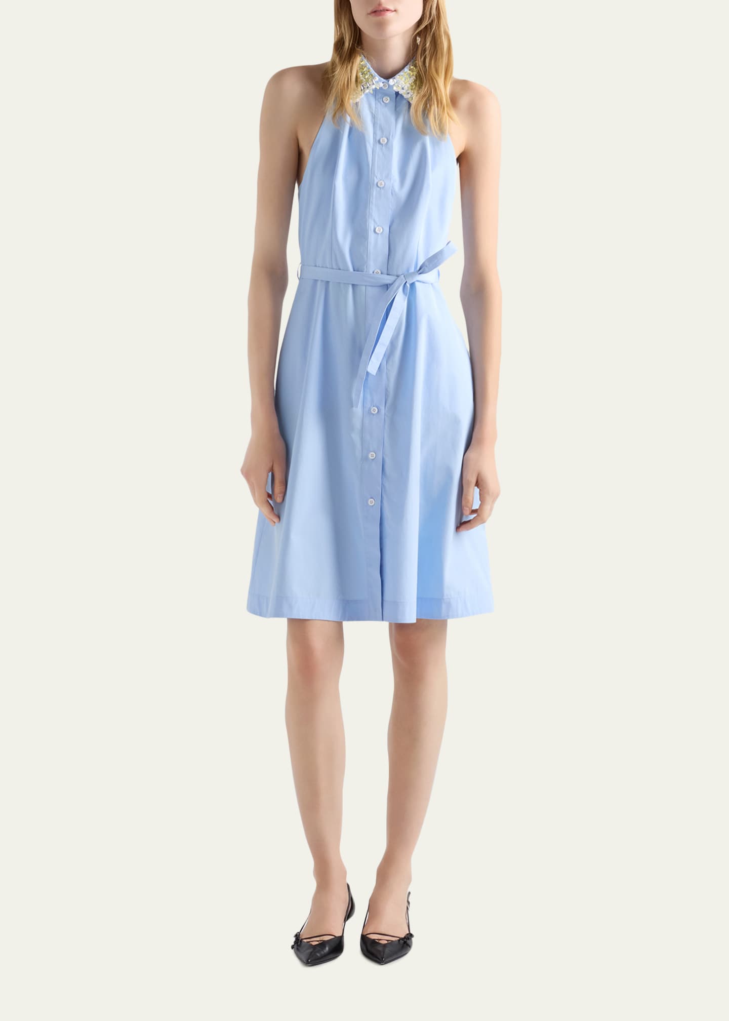 Prada Embellished-Collar Belted Cotton Halter Shirtdress - Bergdorf Goodman