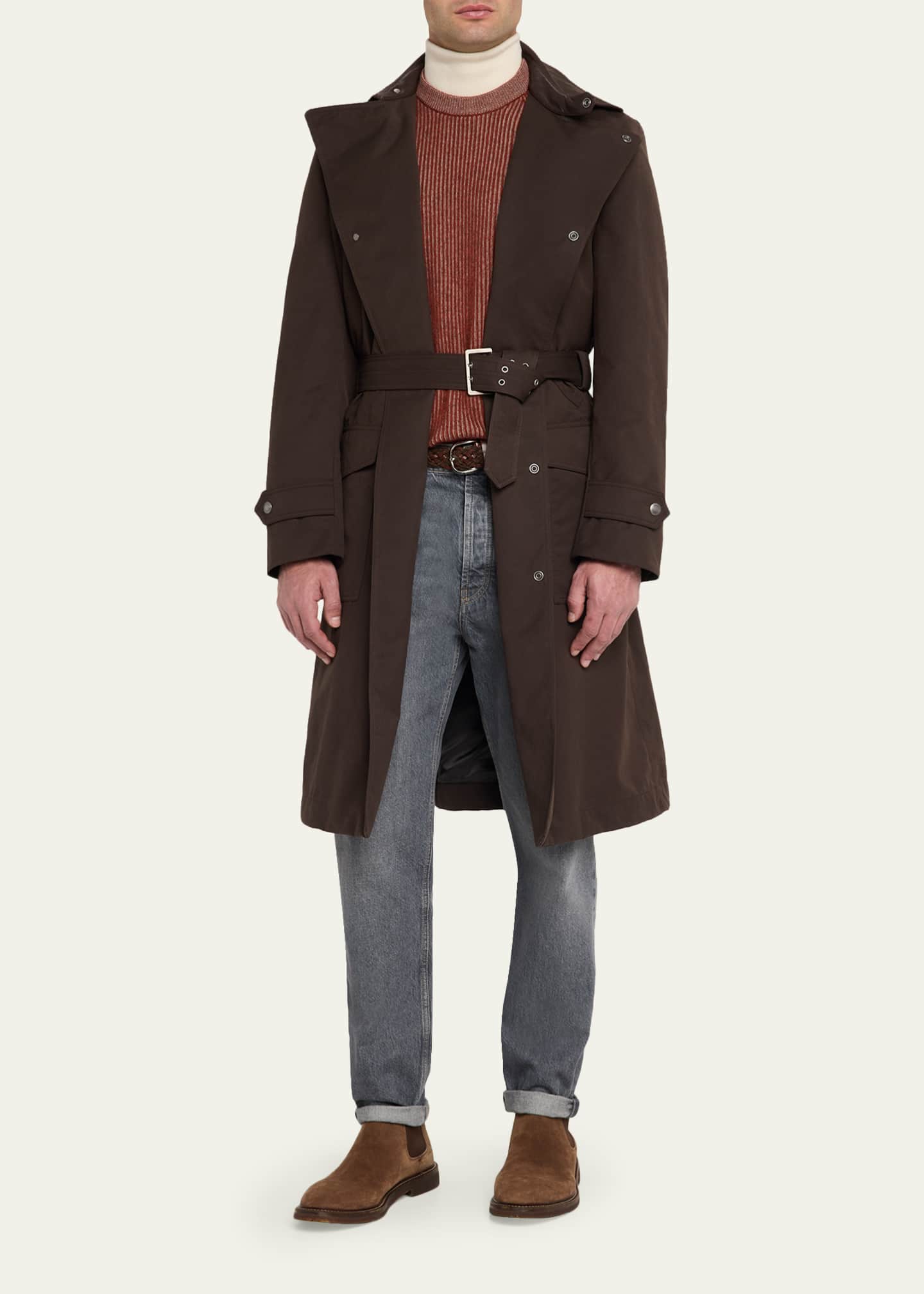 Brunello Cucinelli Men's Snap Front Mid-Length Belted Trench Coat ...