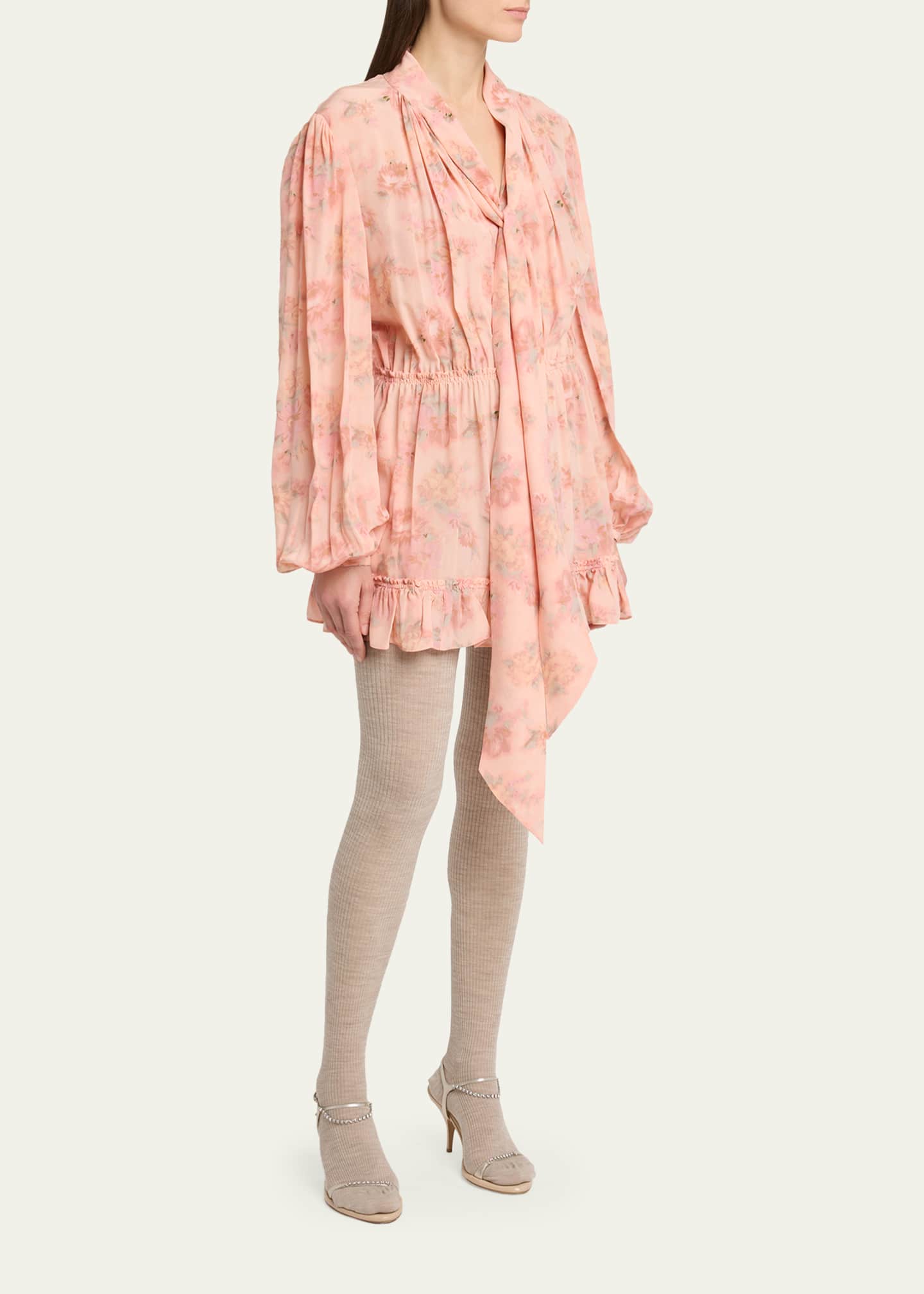 Chloe Long-Sleeve Bouquet Print Silk Dress - Bergdorf Goodman