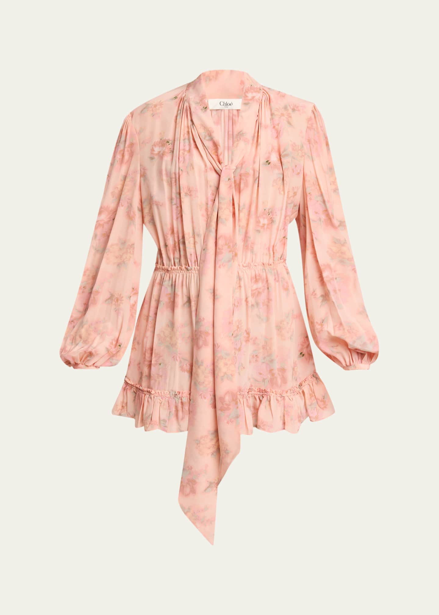 Chloe Long-Sleeve Bouquet Print Silk Dress - Bergdorf Goodman